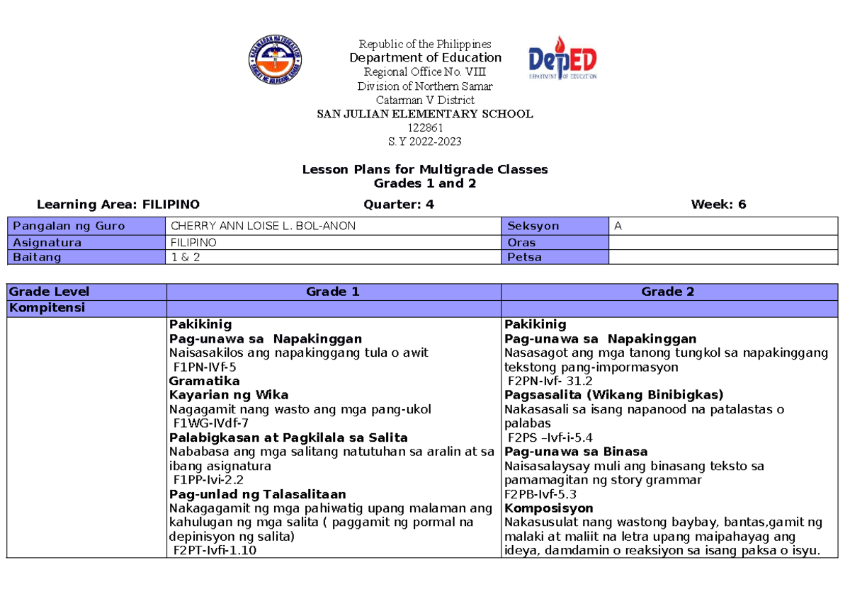 MG LP WEEK 6: Multigrade Lesson Plans for Grades 1 & 2 in FILIPINO ...