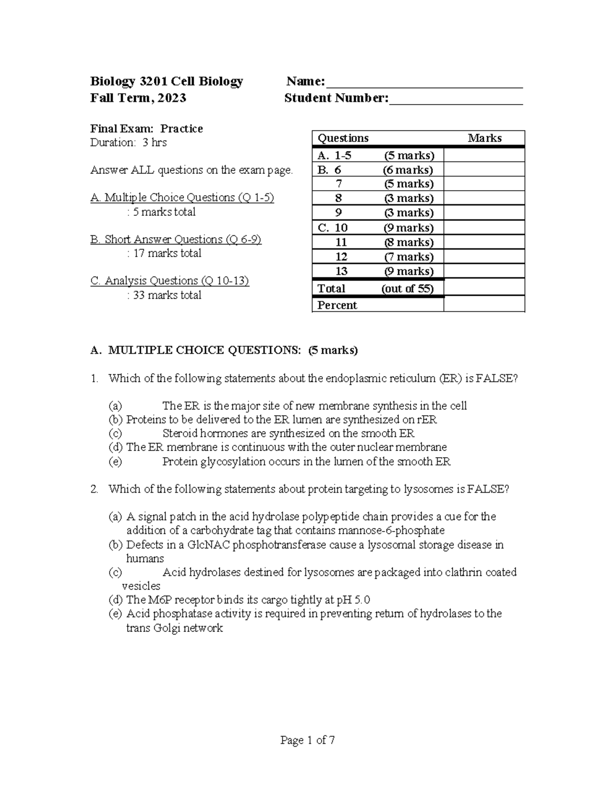Sample Final Exam 2023 - Biology 3201 Cell Biology Name ...