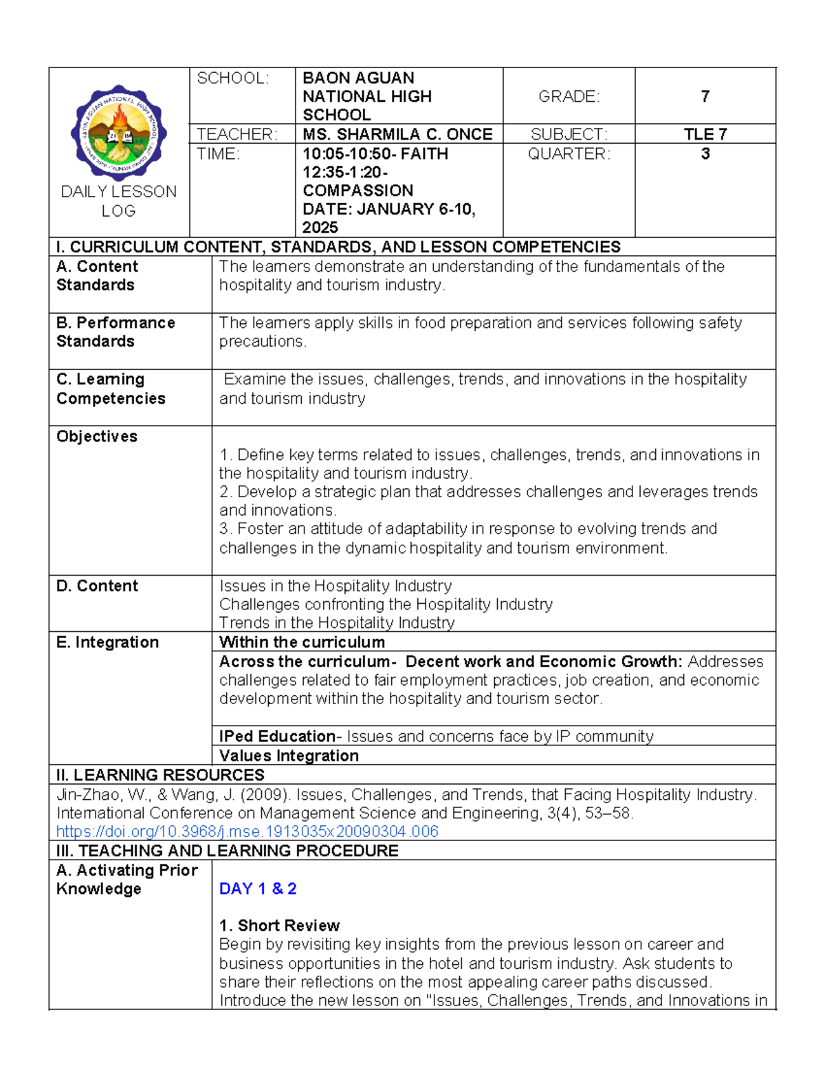 TLE 7 Week 3 Lesson Plan: Hospitality Industry Trends & Issues - Studocu