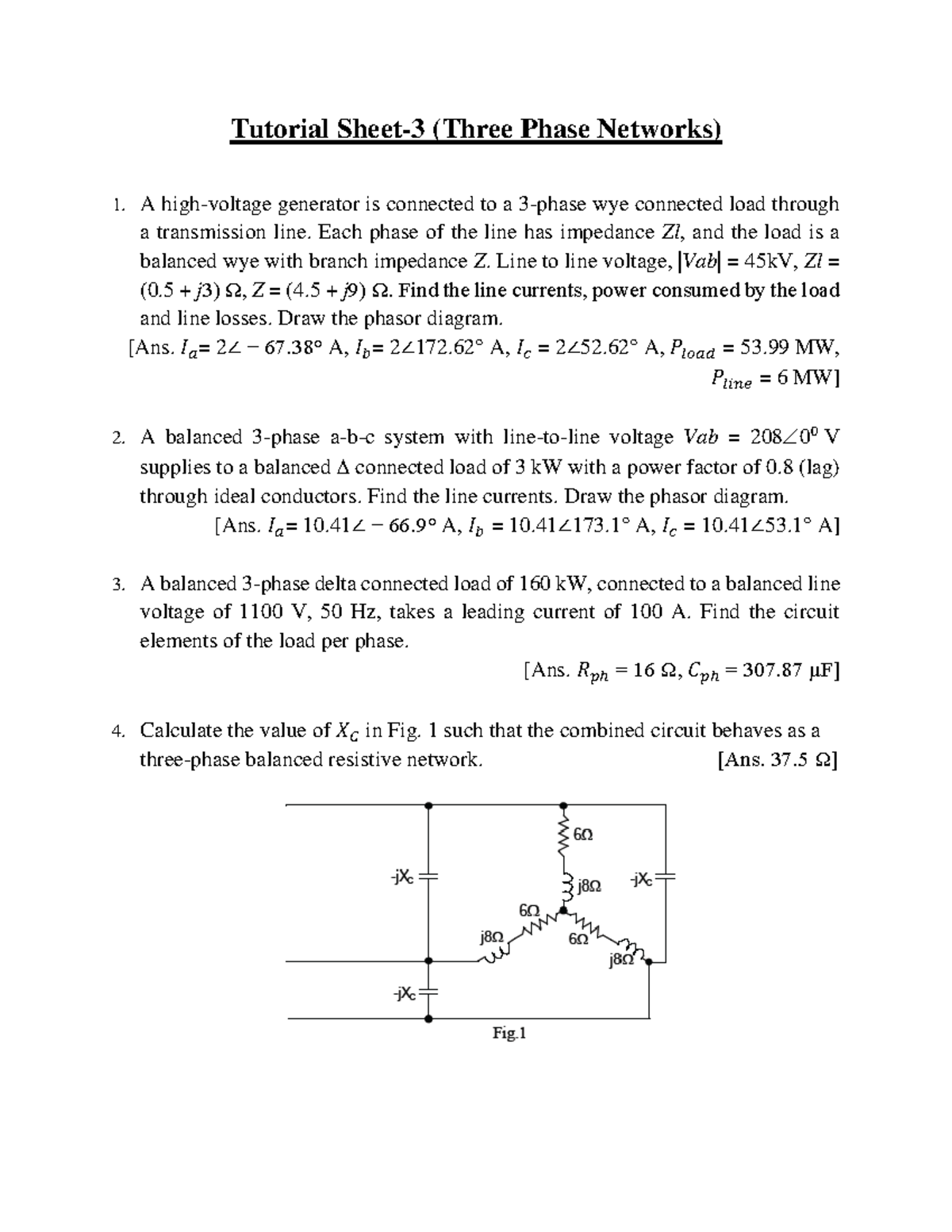 T3 Questions ET - Tutorial Sheet-3 (Three Phase Networks) A high ...