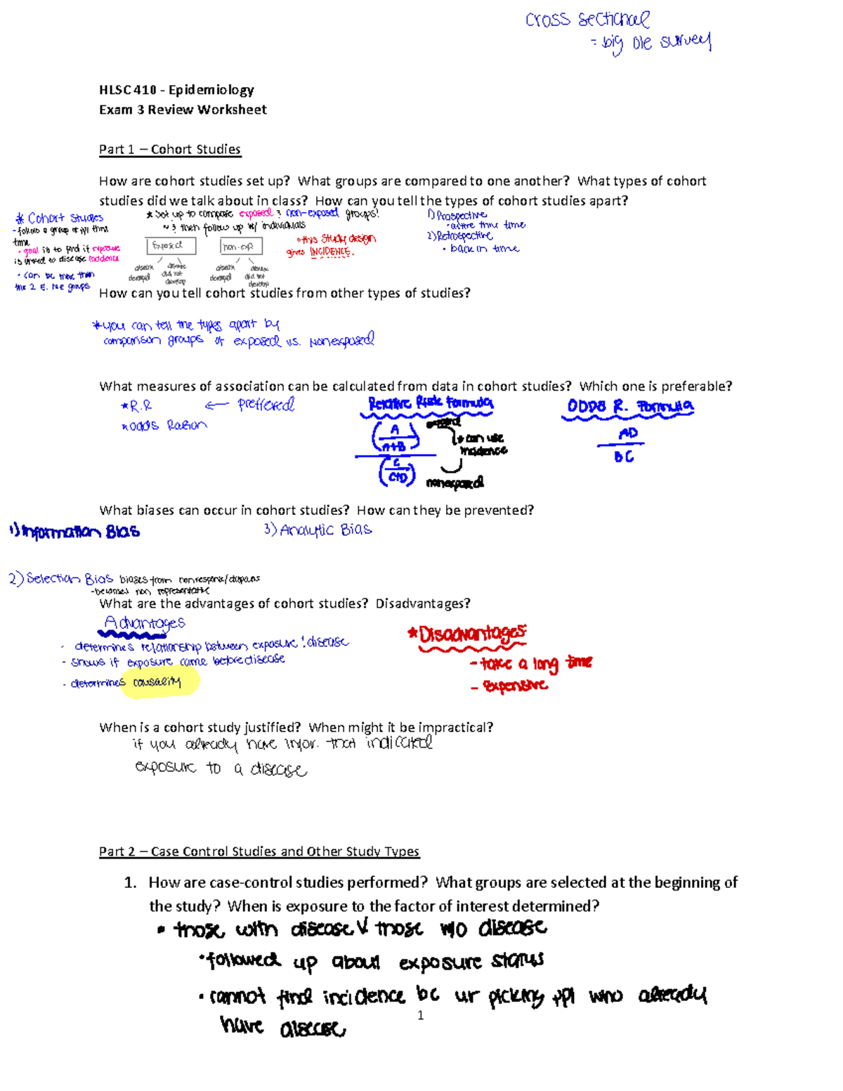 HLSC 410 - Epidemiology Exam 3 Review Worksheet on Study Designs and ...