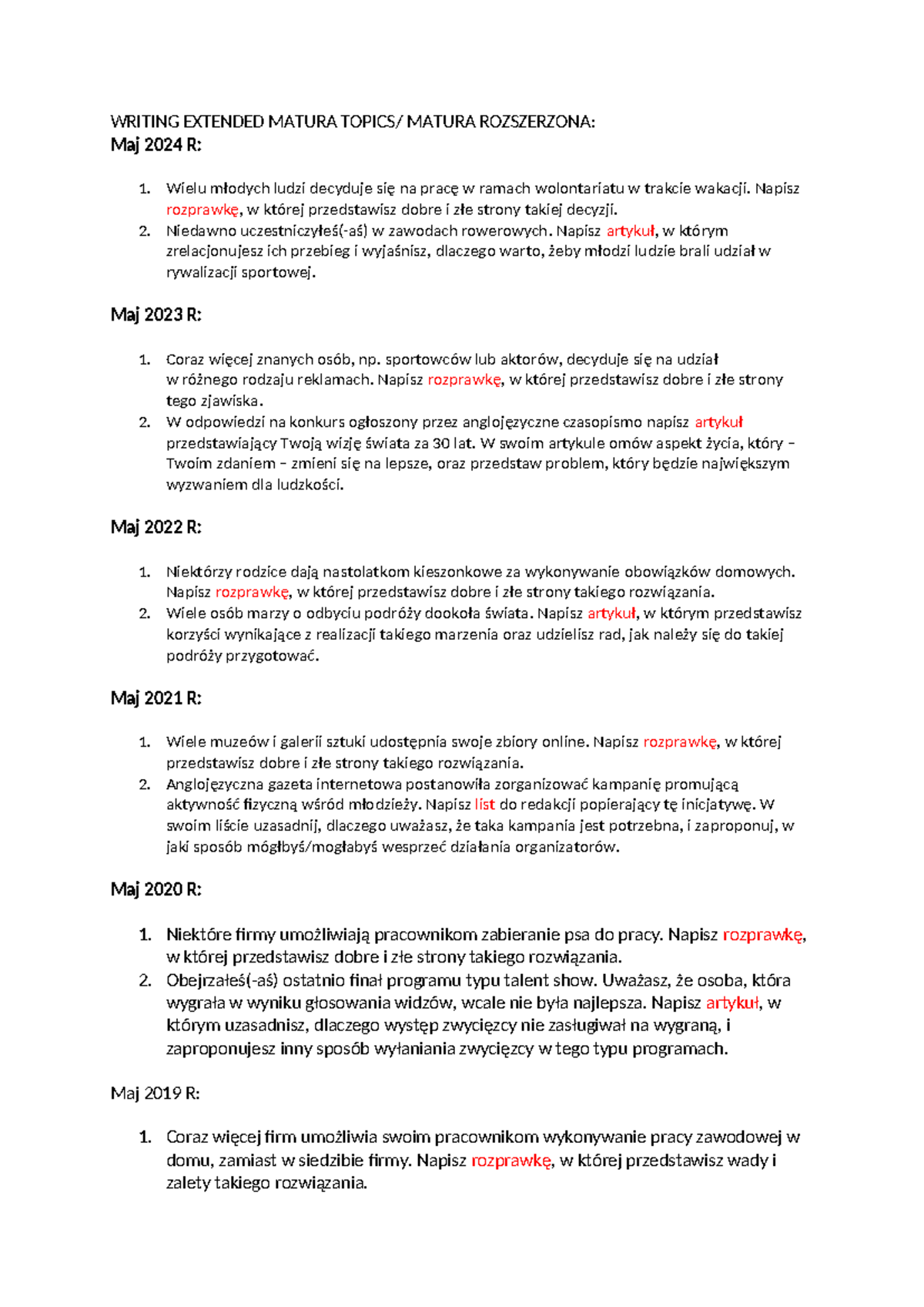 Extended Matura Writing Topics: May 2024-2019 Analysis - Studocu
