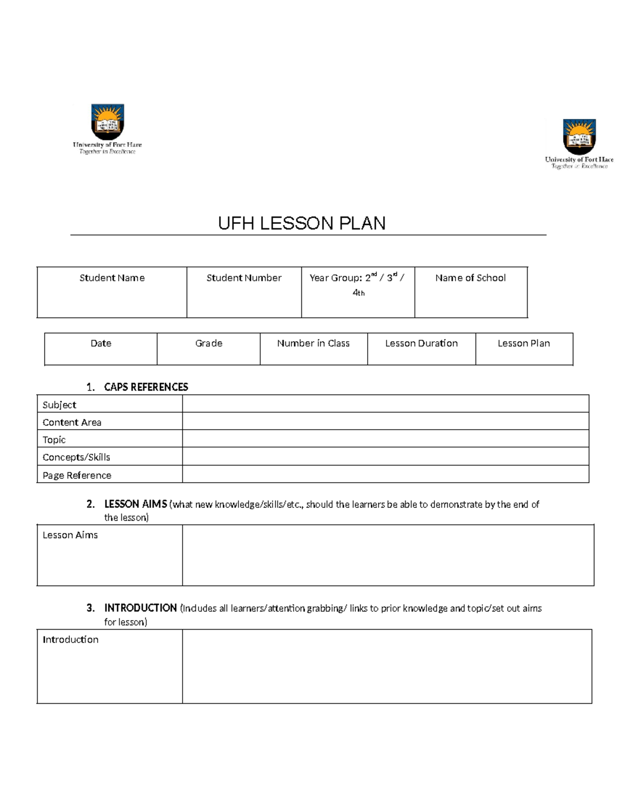 UFH Lesson Plan Template for Grades 2-4: Structure & Aims - Studocu