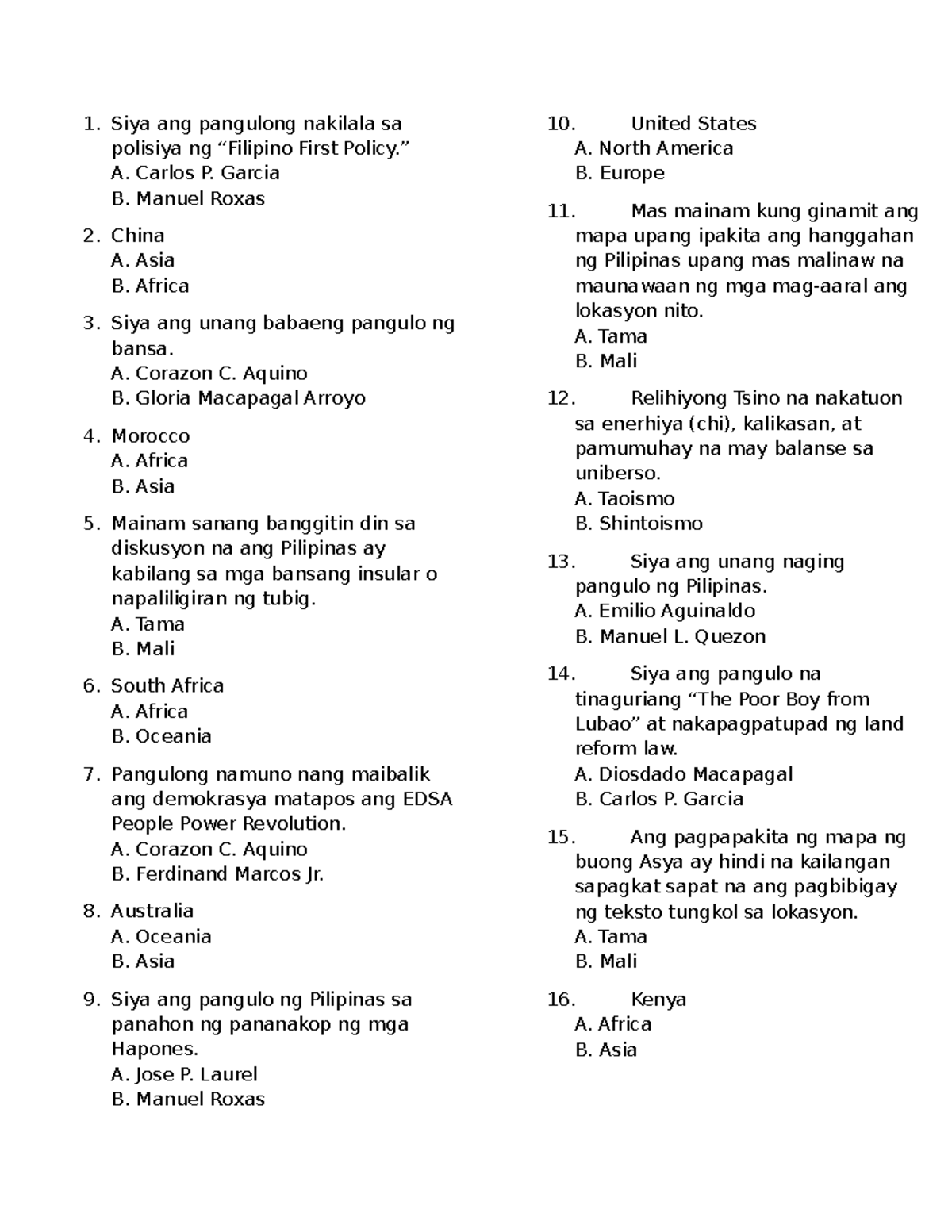 AP Bingo Quiz - Mga Pangulo at Heograpiya ng Pilipinas - Studocu