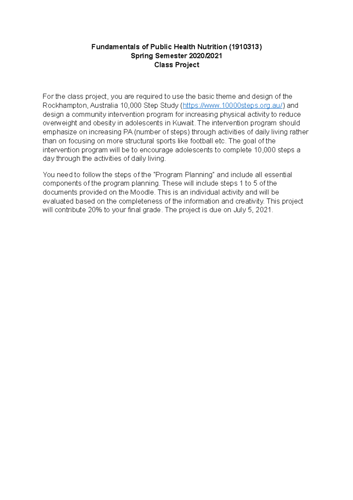 Fundamentals of Public Health Nutrition (1910313) Class Project Guide ...