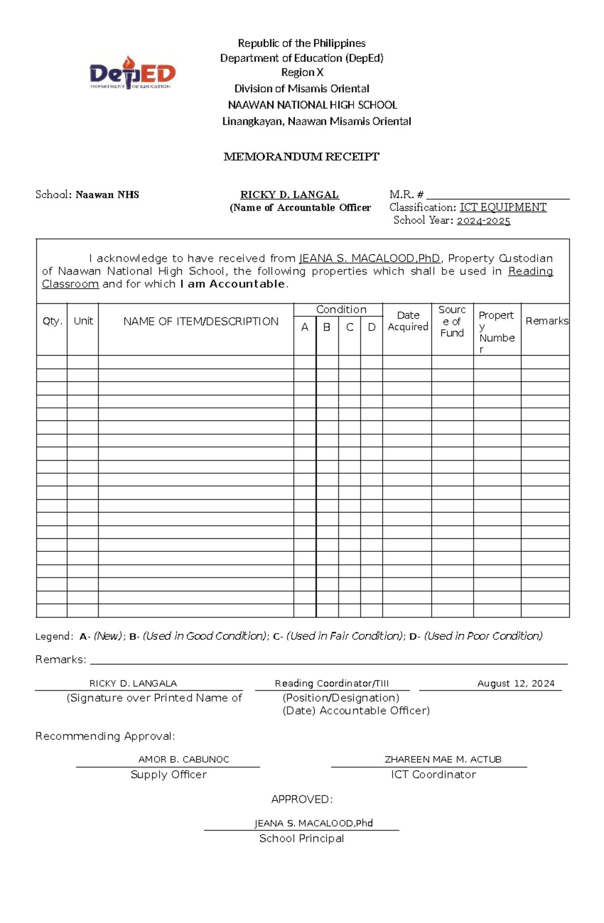 Memorandum Receipt for ICT Equipment - Naawan NHS SY 2024 - Studocu