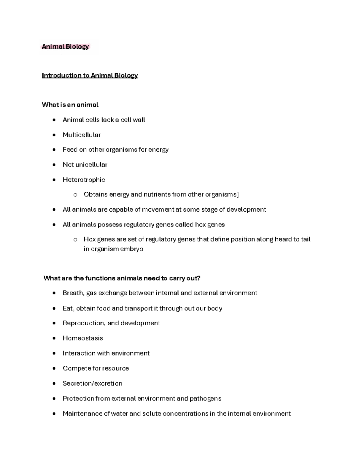 Animal Biology (BIO101) - Comprehensive Notes on Animal Structure and ...