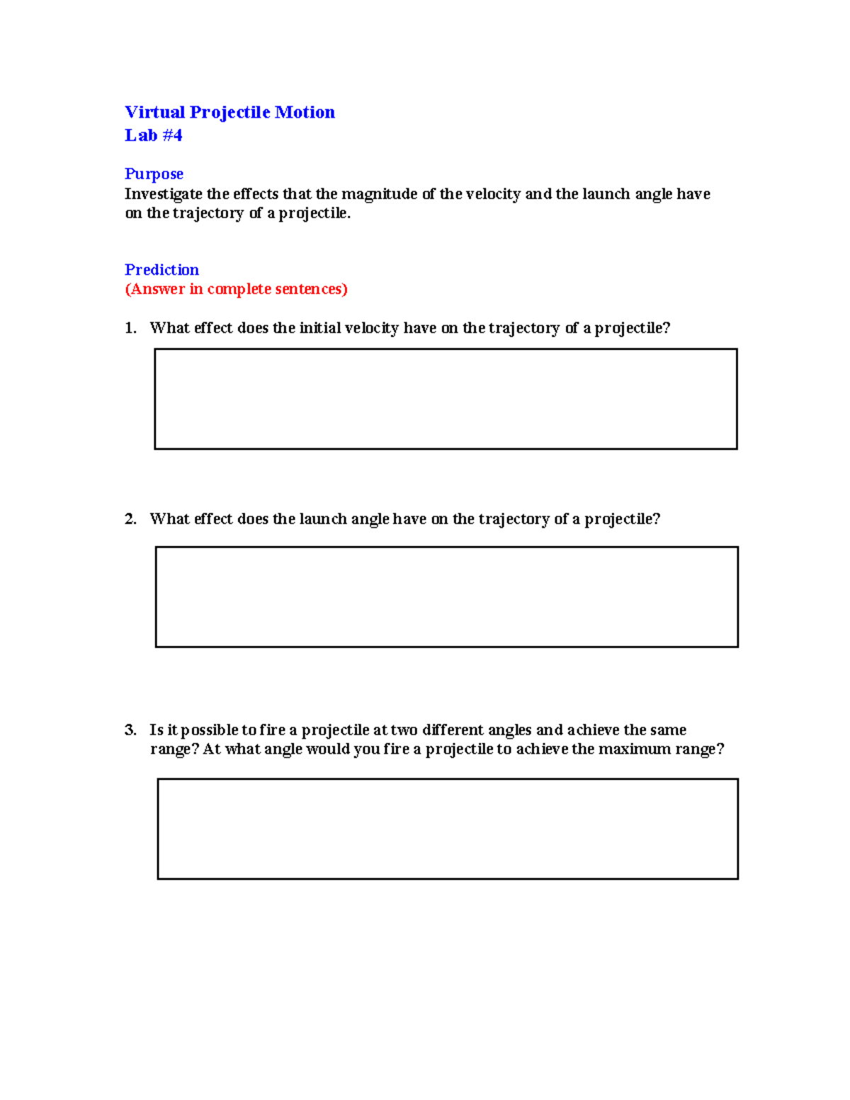 Lab #4 Virtual Projectile Motion Experiment: Velocity & Angle Effects ...