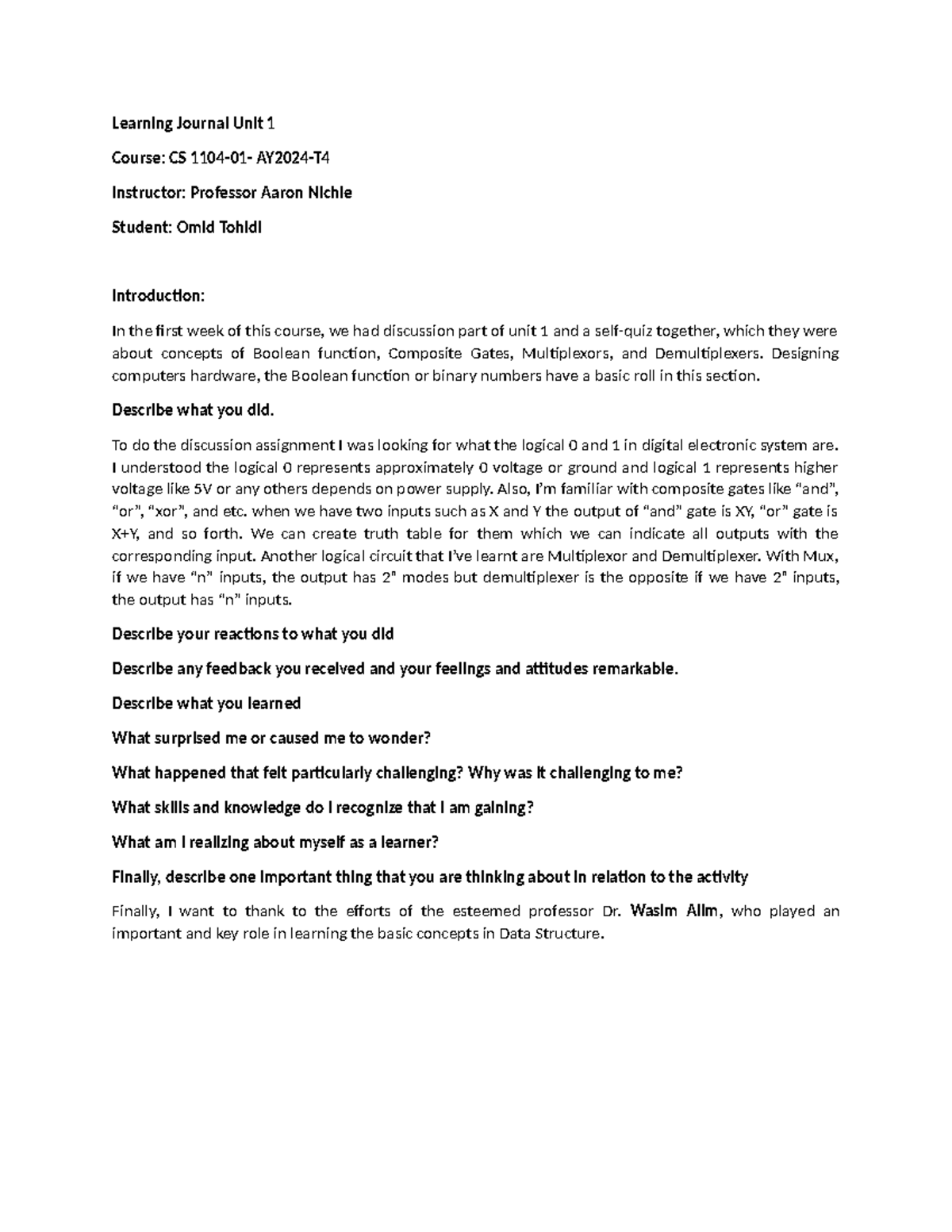 Learning Journal Unit 1: Concepts in Boolean Functions & Gates - CS ...