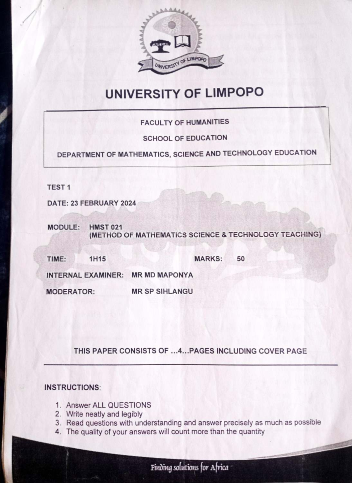 HMST 021 TEST 1 2024 - Mathematics Teaching Methods Exam - Studocu