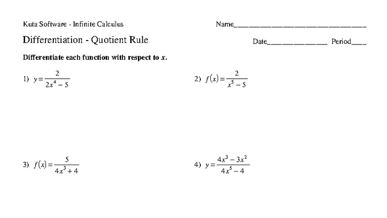 Kuta Software Infinite Calculus: Quotient Rule Worksheet - Studocu