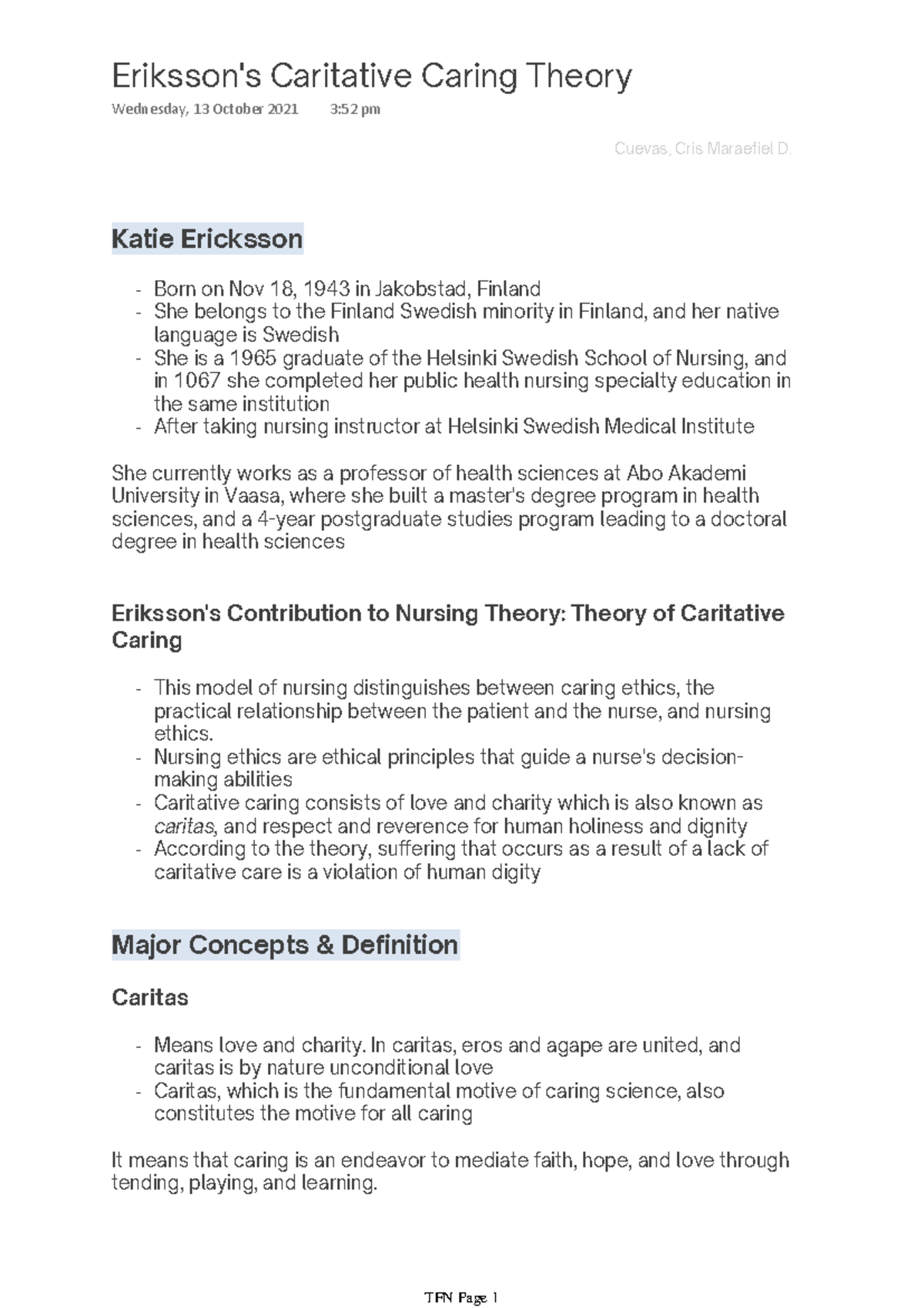 Eriksson's Caritative Caring Theory: Insights & Concepts Overview - Studocu