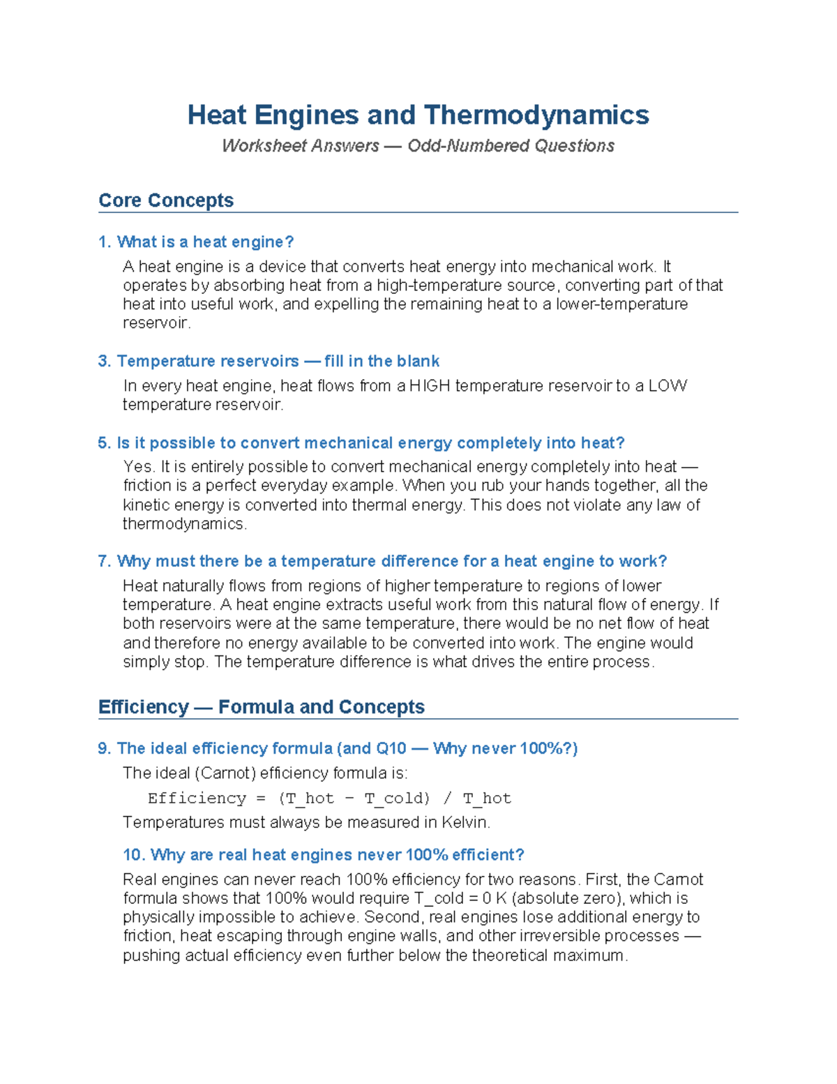 Heat Engines and Thermodynamics Worksheet Answers (ENG 101) - Studocu