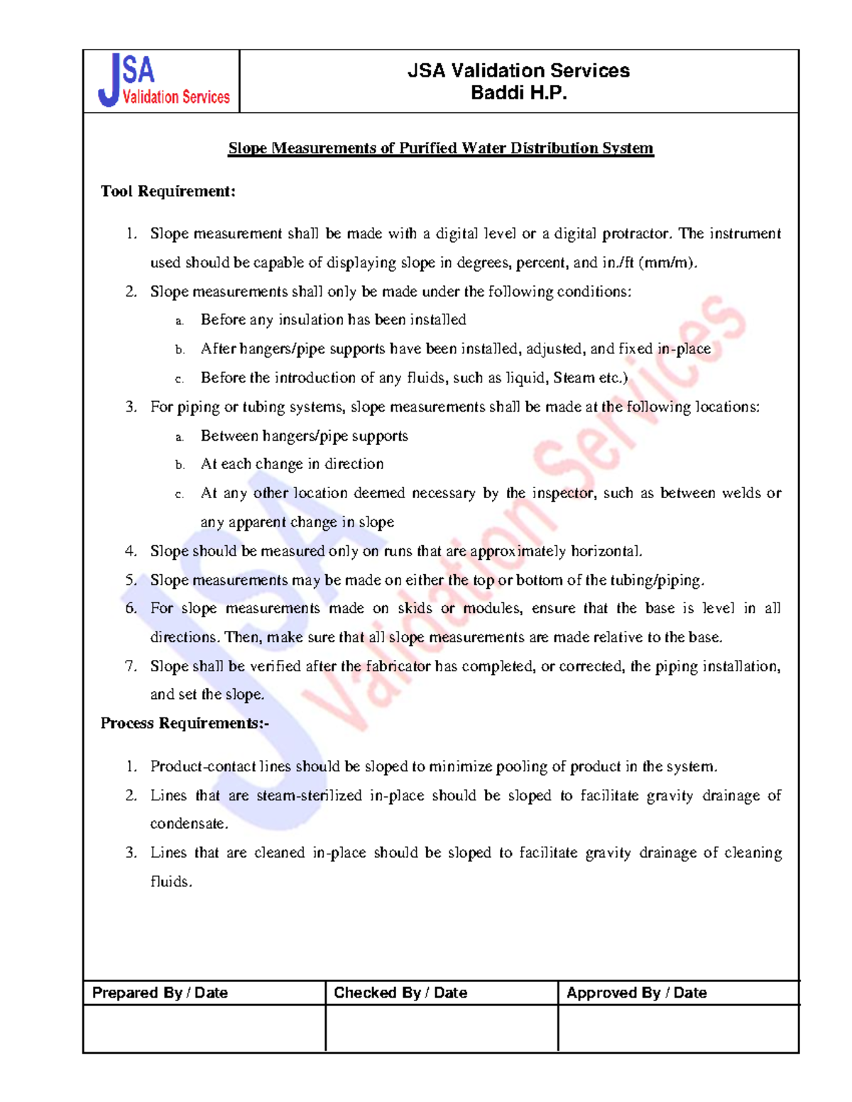 Slope Measurement Guidelines for Purified Water Distribution System ...