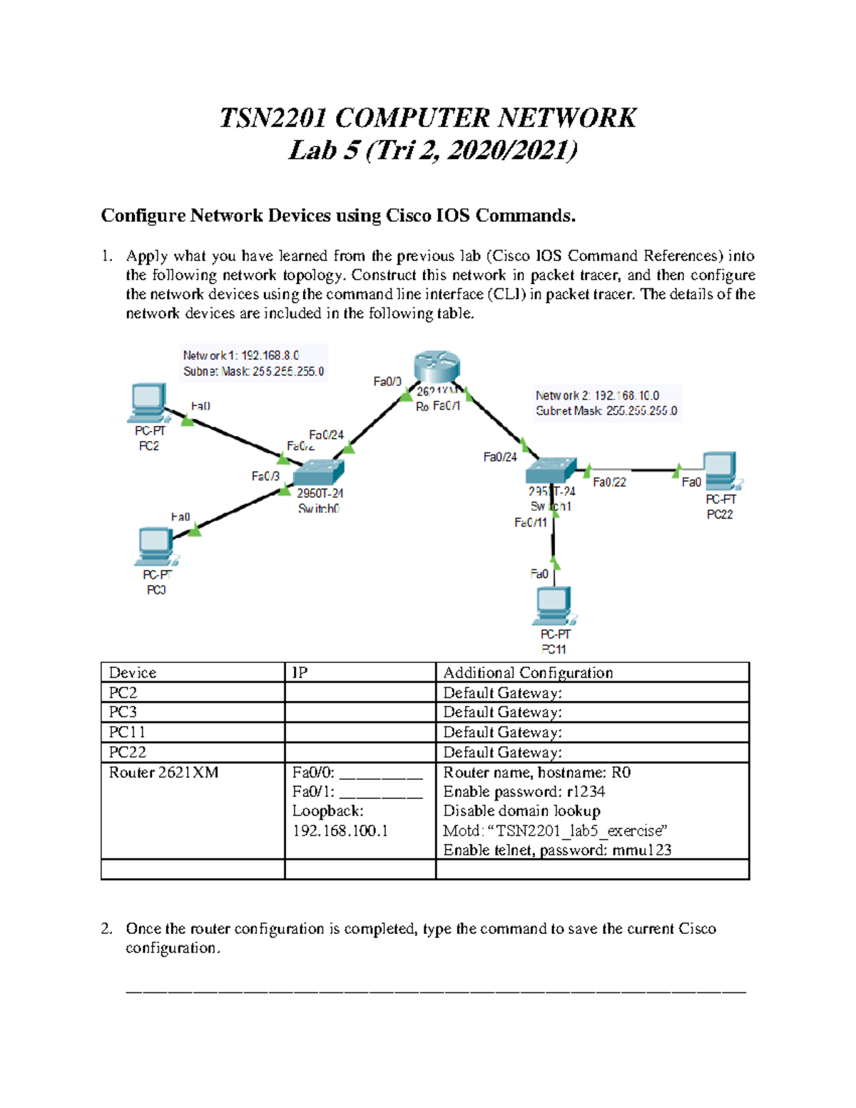 363034 TSN2201 Lab05 T2020 - TSN2201 COMPUTER NETWORK Configure Network ...