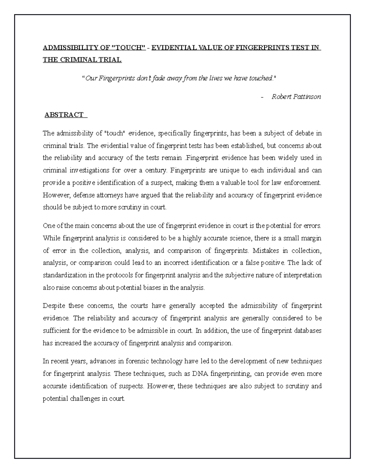 Admissibility of Fingerprint Evidence in Criminal Trials: A Legal ...