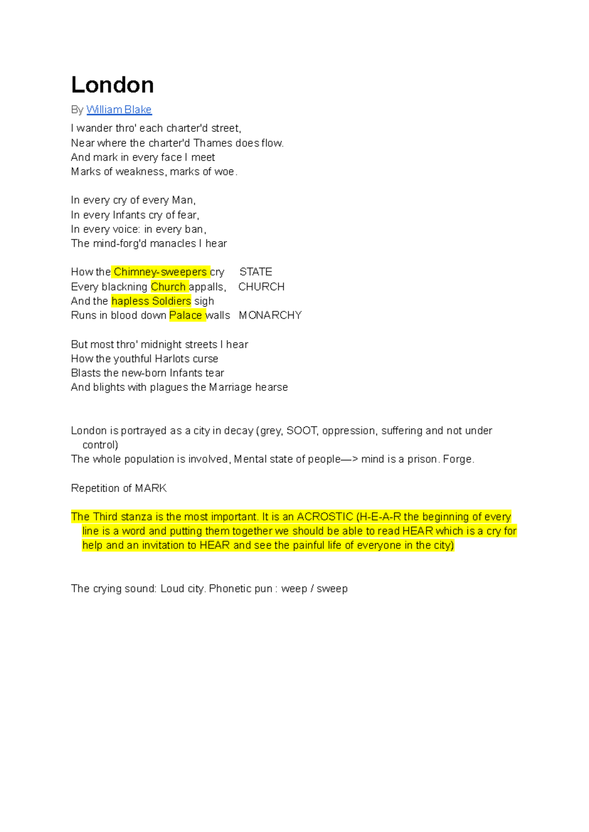 London: Analyzing William Blake's Poem and Its Themes - Studocu