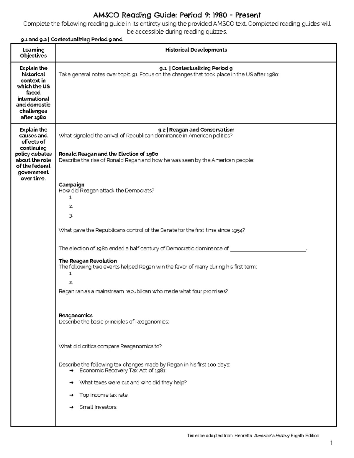 APUSH Period 9 AMSCO Reading Guide: 1980 to Present - Studocu
