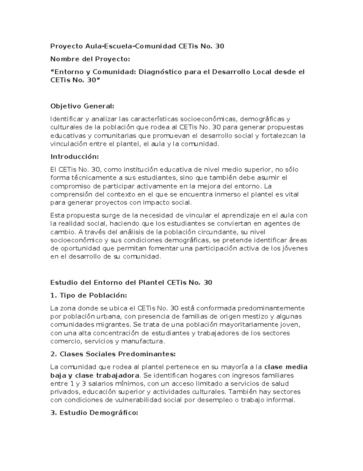 Proyecto CETis No. 30: Diagnóstico para el Desarrollo Local - Studocu