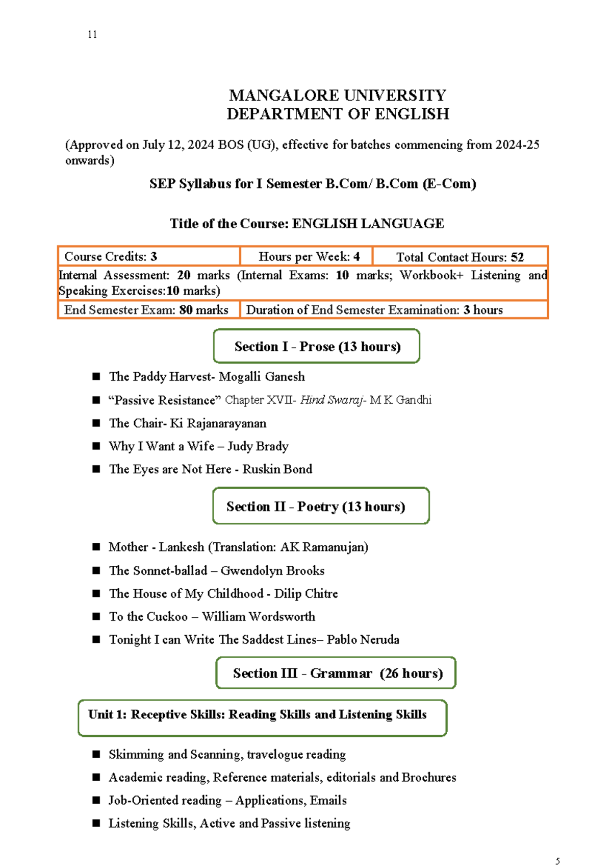 B.Com I Sem English Language Syllabus (2024) - Mangalore University ...