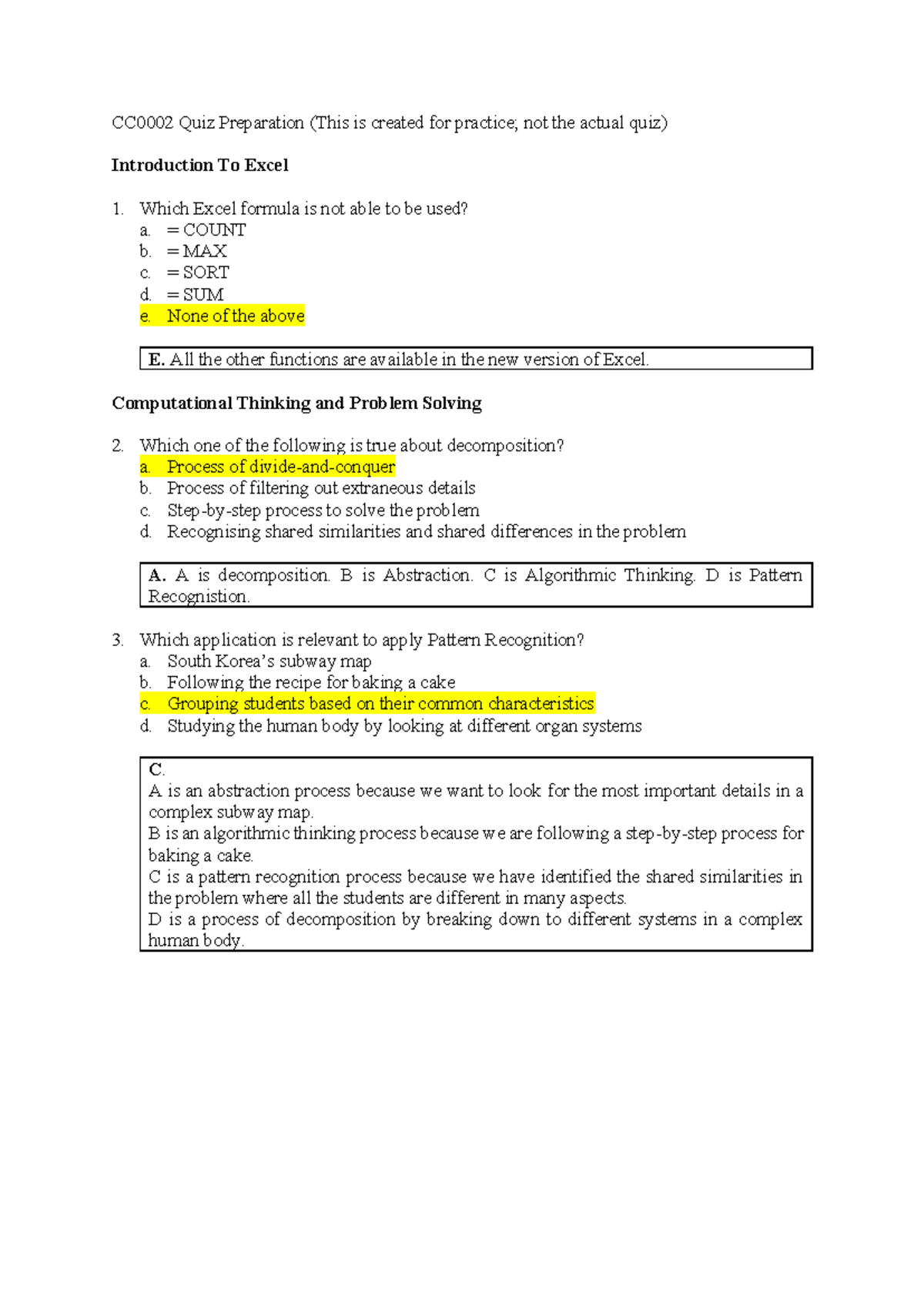 CC0002 Quiz Preparation: Excel & Cybersecurity Concepts - Studocu