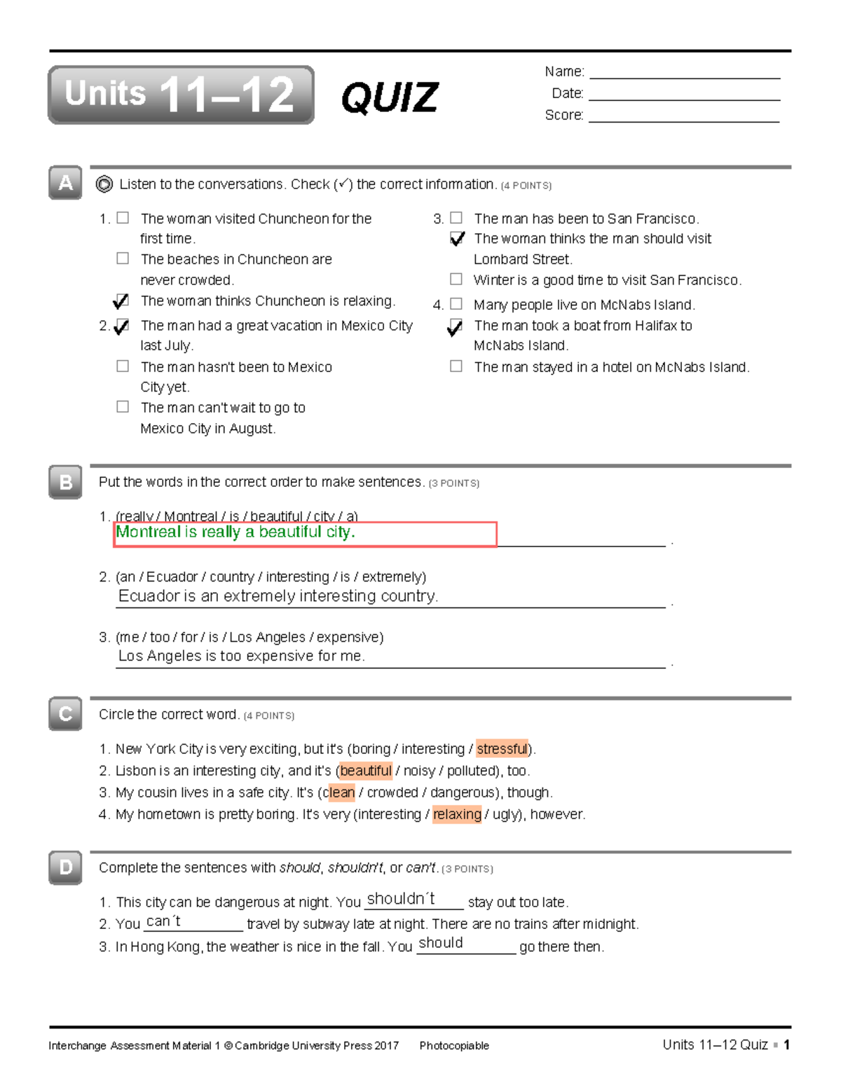Units A Quiz: Listening & Sentence Structure Practice - Studocu