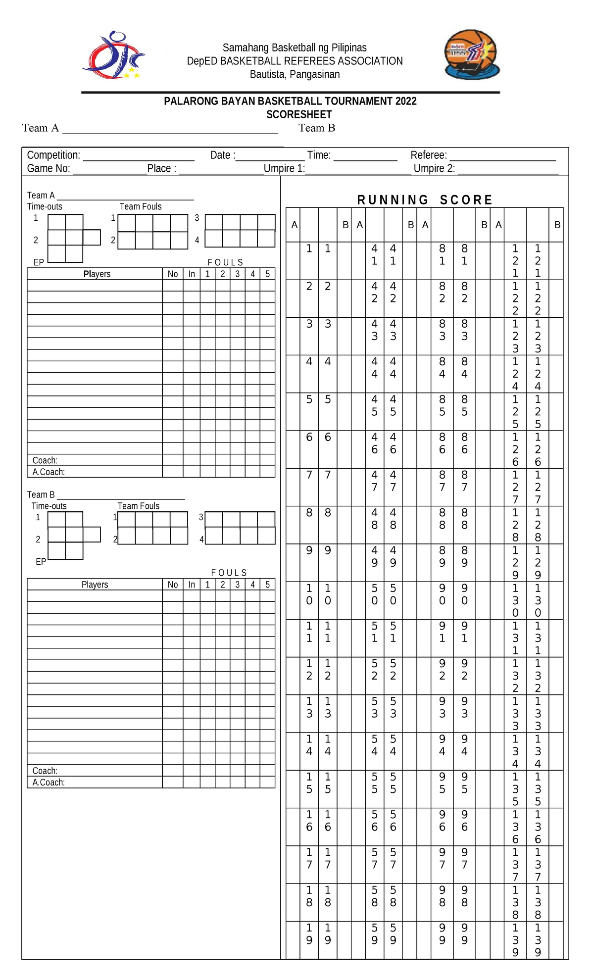 Scoresheet-SBP: Palarong Bayan Basketball Tournament Details - Studocu