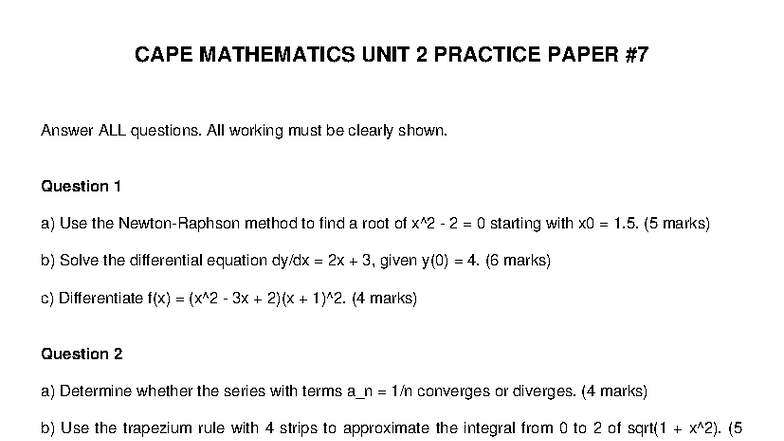 CAPE MATHEMATICS UNIT 2 PRACTICE PAPER - Comprehensive Review - Studocu