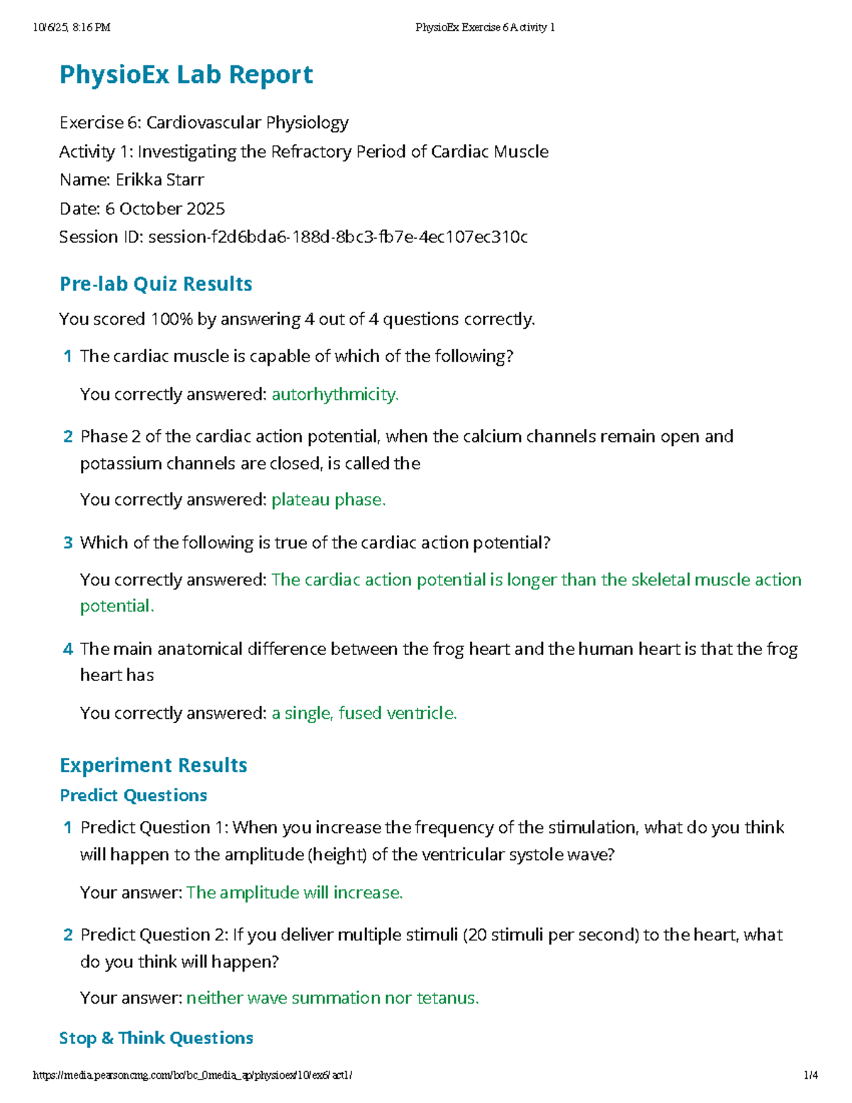 PhysioEx Lab Report: Cardiovascular Physiology Exercise 6 Activity 1 ...