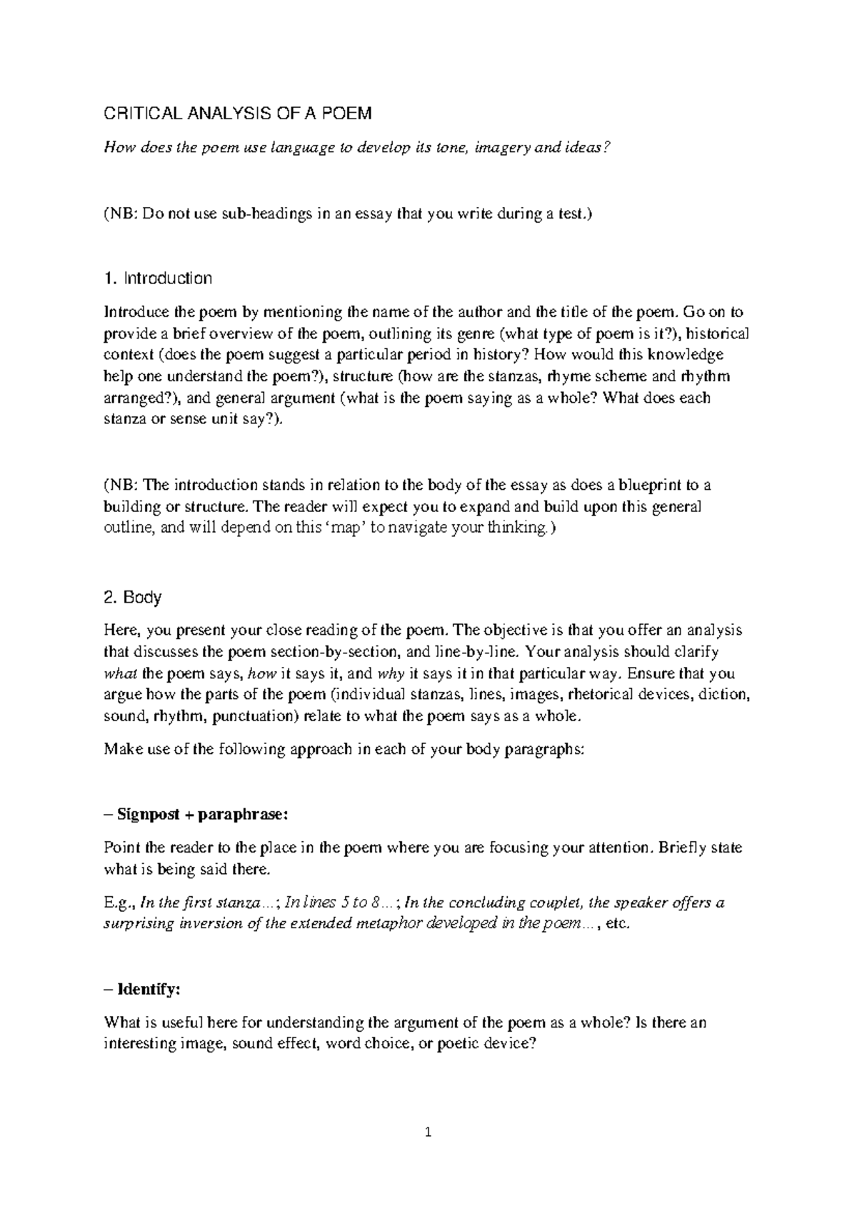 ENG202 - Final Exam: Critical Analysis of a Poem Notes - Studocu