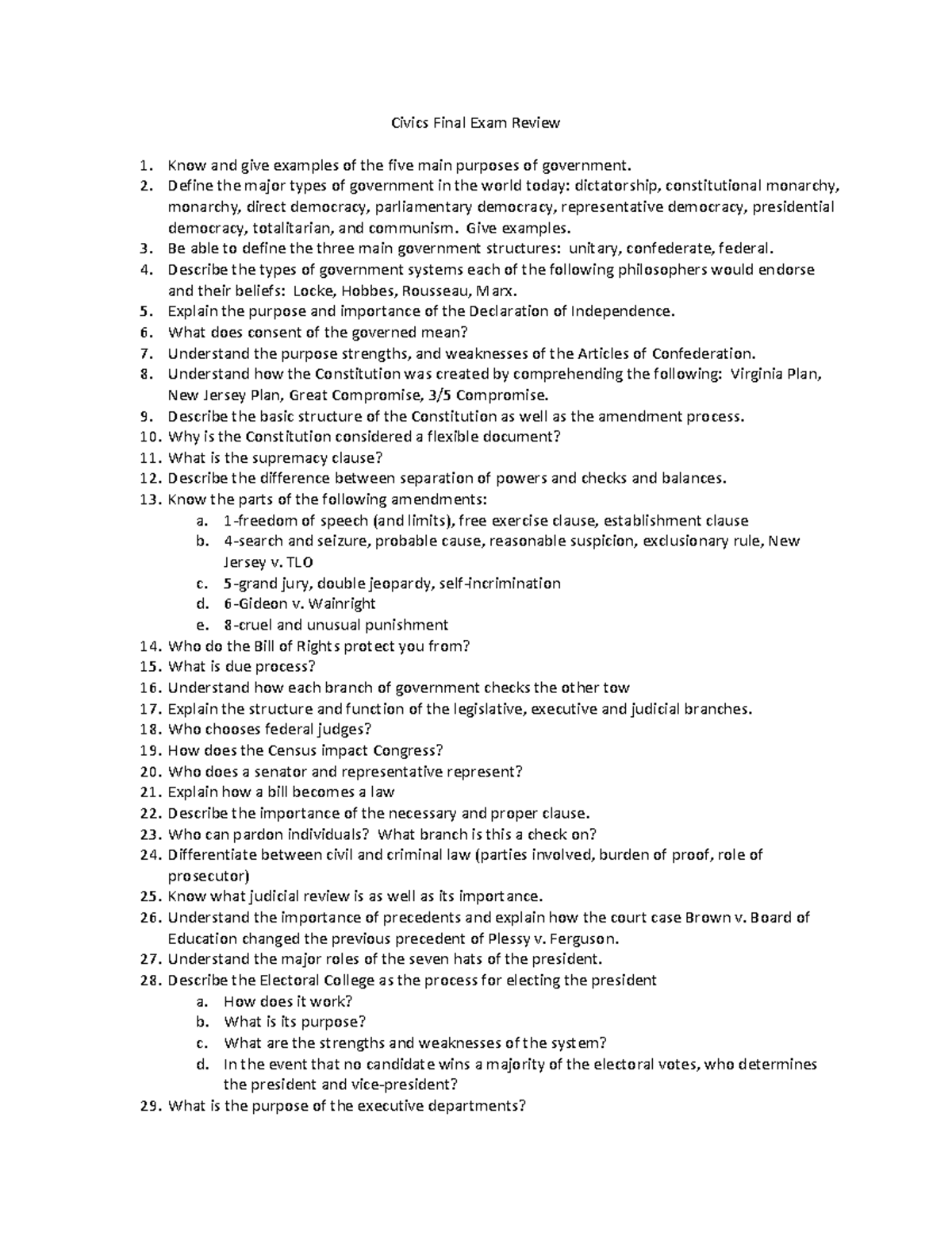 Civics 101 Final Exam Review: Key Concepts & Gov Structures - Studocu