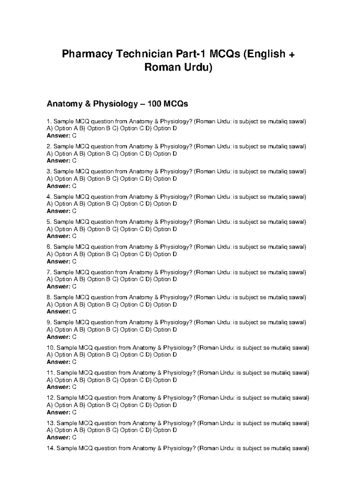 Pharmacy Technician Part 1 MCQs: Anatomy, Biochemistry & Microbiology ...