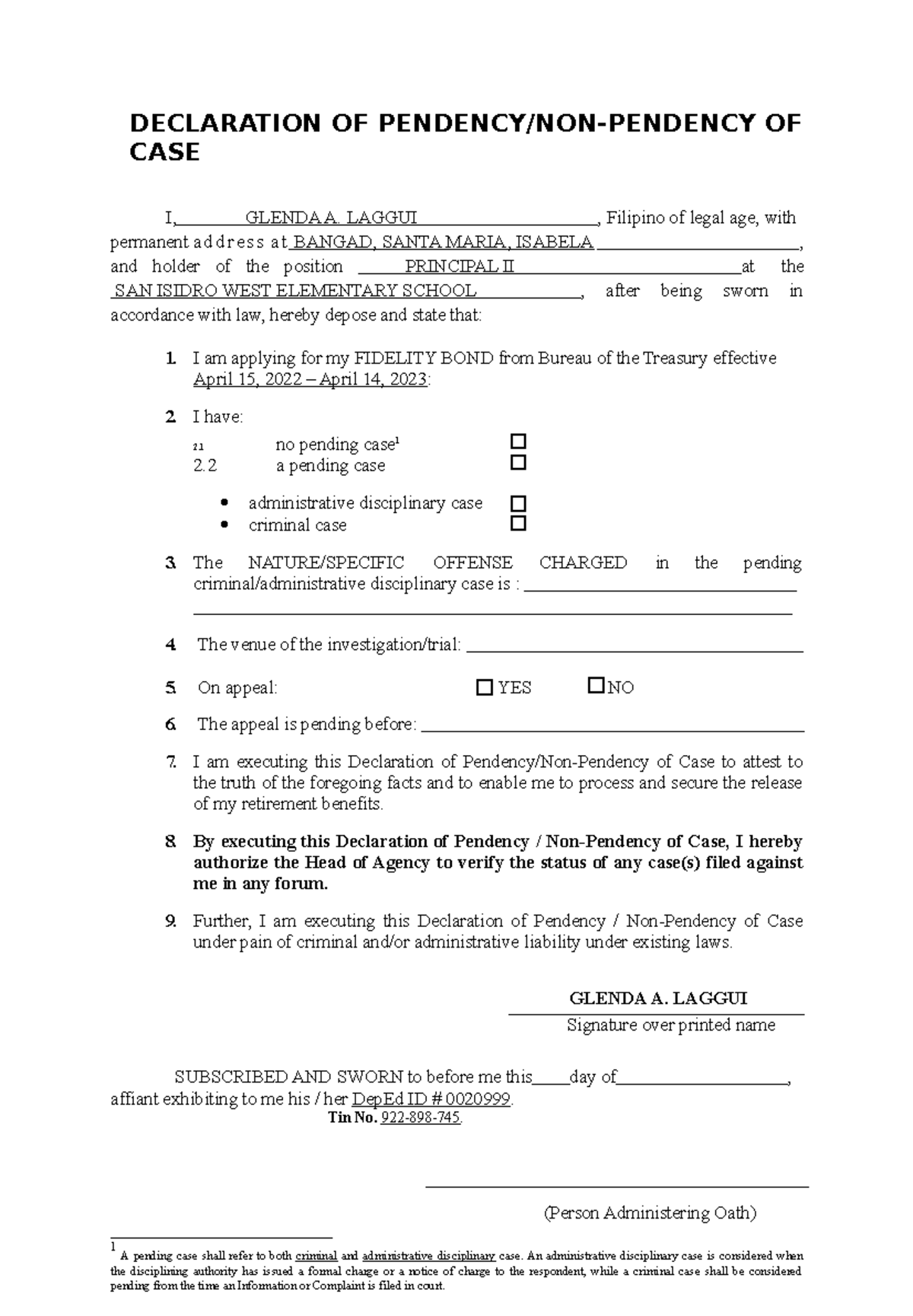 Declaration of Pendency for Fidelity Bond Application - Studocu