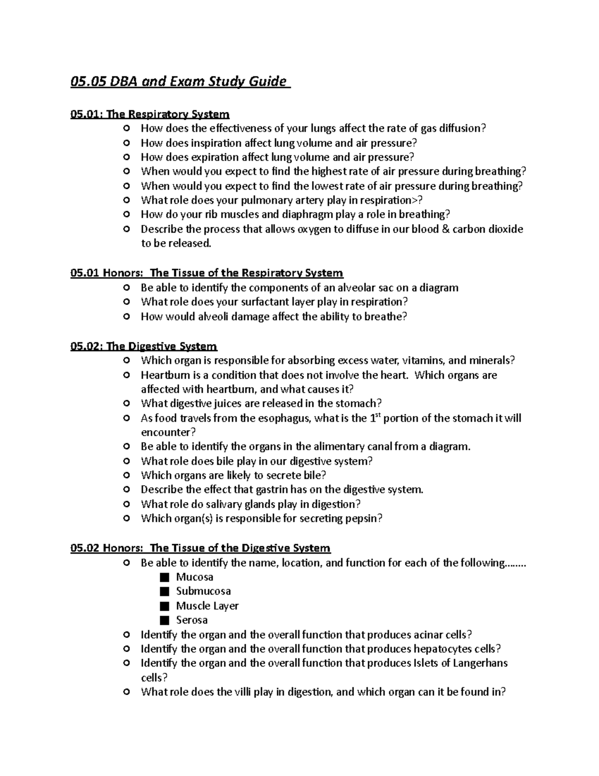05.05 DBA Exam Study Guide: Respiratory & Digestive Systems Overview ...
