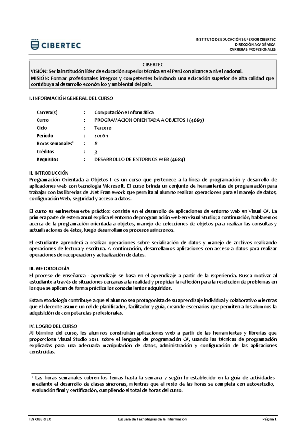 Sílabo 2026-1: Programación Orientada a Objetos I (4689) - Studocu