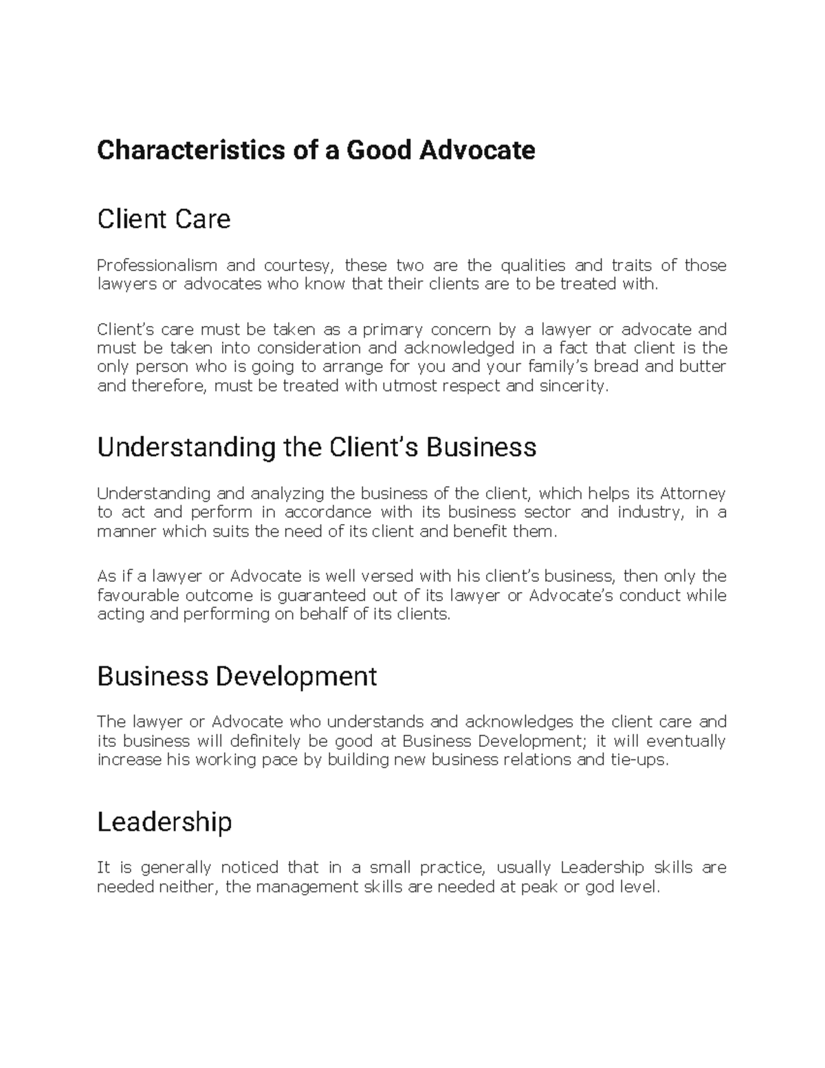 Characteristics of a Good Advocate: Client Care & Professionalism - Studocu