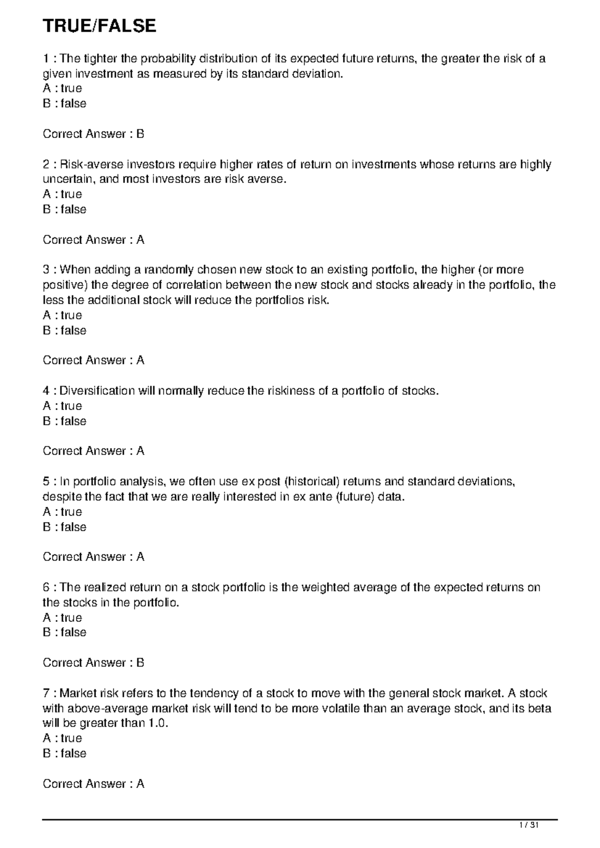 Chapter 02 Risk and Return: True/False & Multiple Choice Review - Studocu