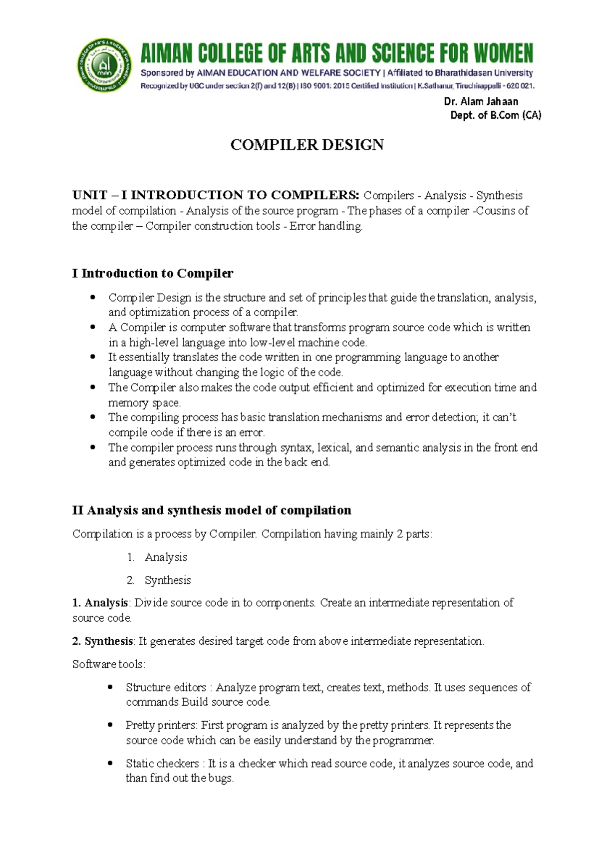 COMPILER DESIGN - NOTES ON UNIT I: INTRODUCTION AND PHASES (CA) - Studocu