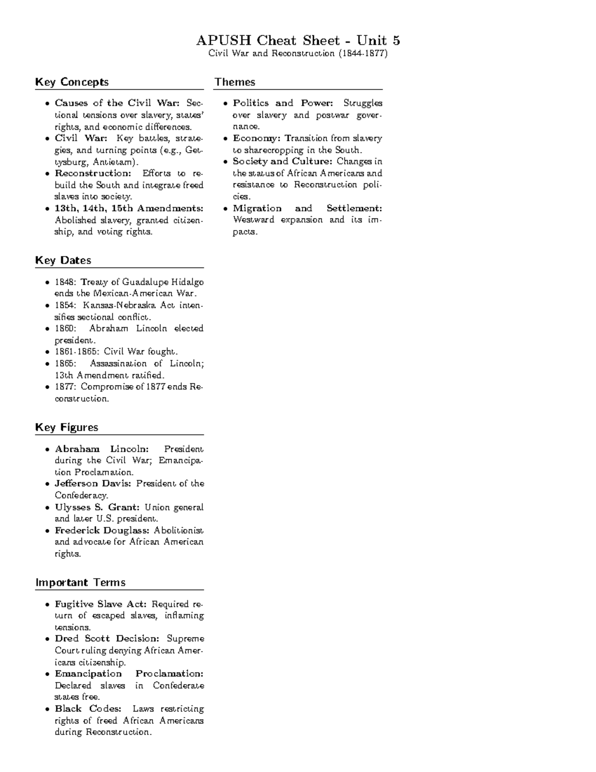 APUSH Unit 5 Study Guide: Civil War & Reconstruction Overview - Studocu