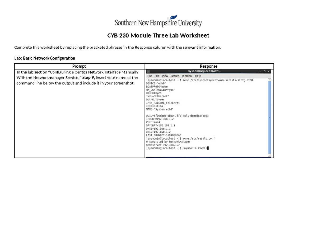 CYB 230 Module 3 Lab Worksheet: Basic Network & Security Configurations ...