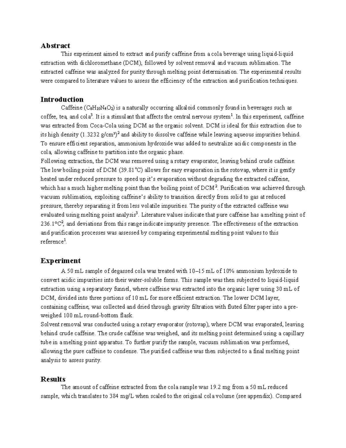 Lab 10 Report: Caffeine Extraction & Purification from Cola - Studocu