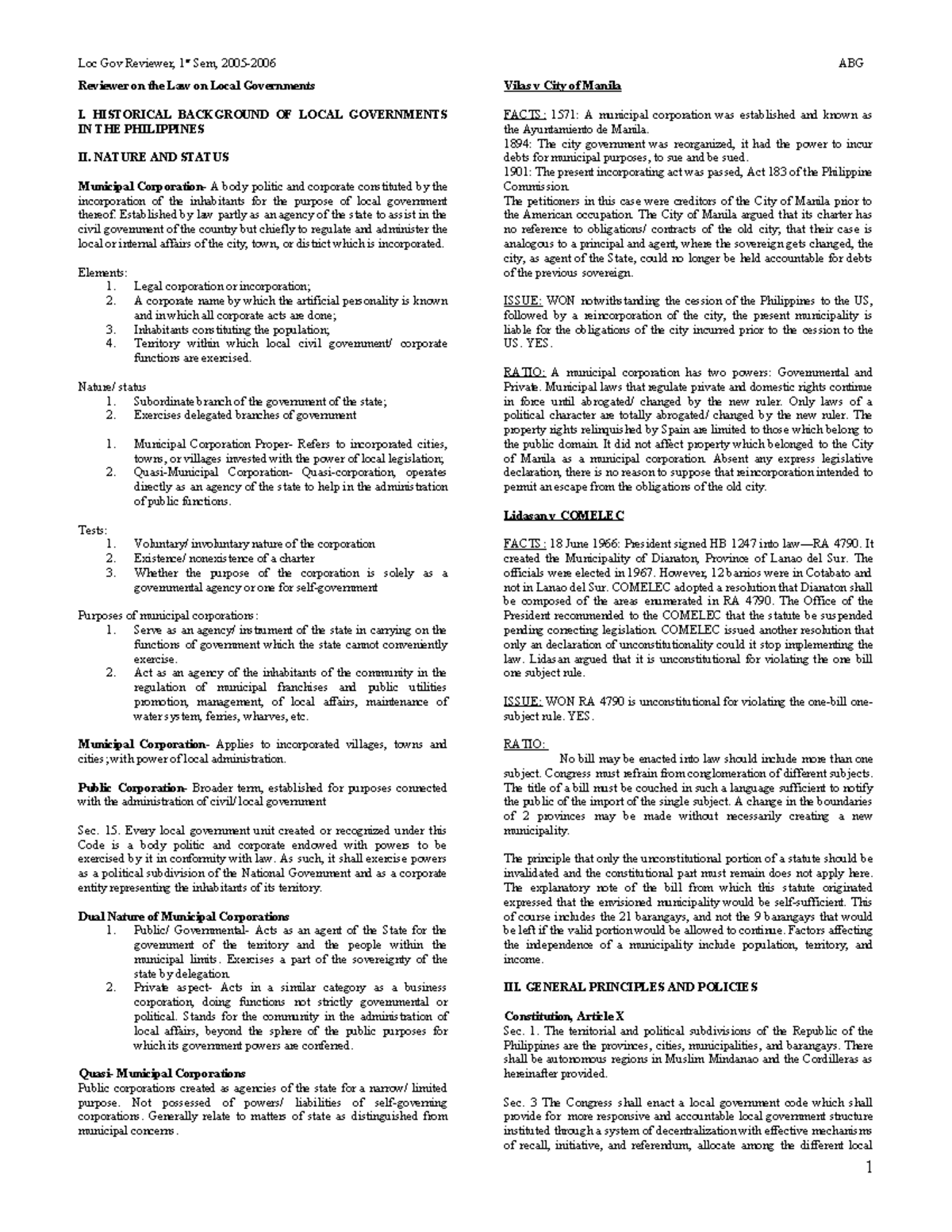 Loc Gov Reviewer, 1st Sem, ABG: Comprehensive Study on Local Government ...