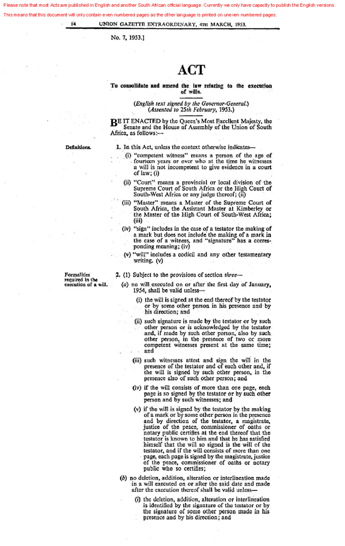 Wills Act No. 7 of 1953 - Consolidation and Amendments - Studocu
