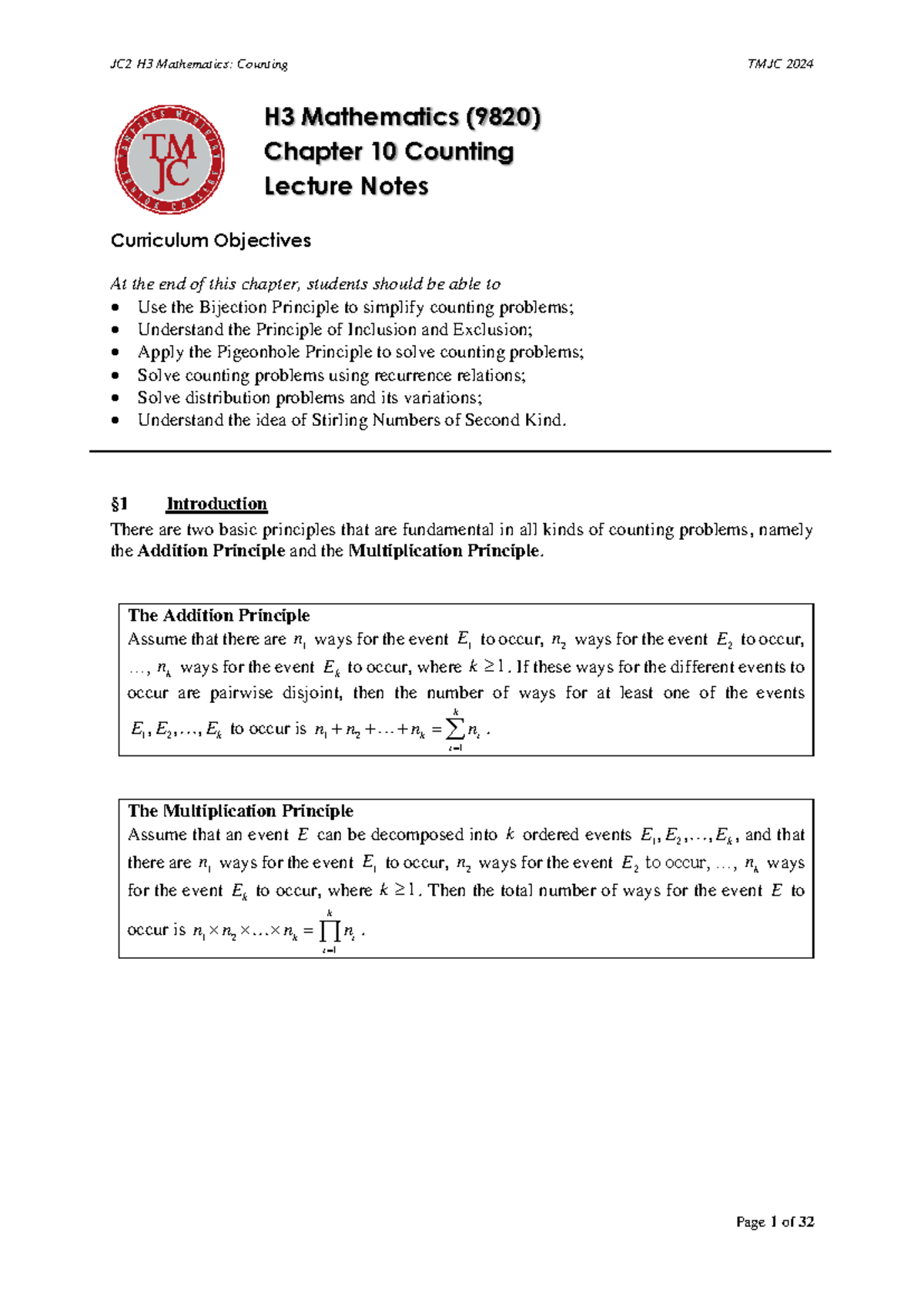H3 Mathematics (9820) Counting Lecture Notes Student Copy 2024 - Studocu