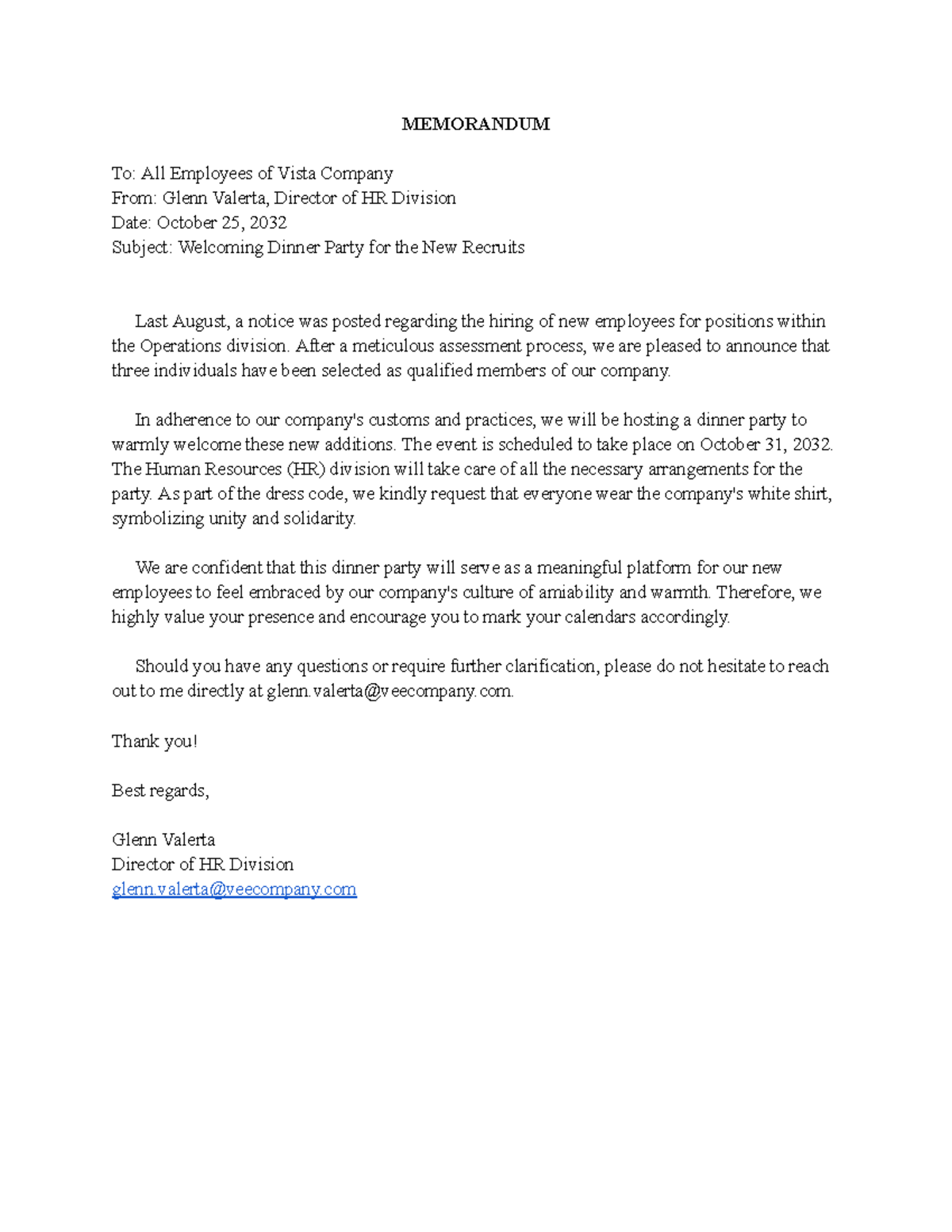 Examples of Memoran. for Employee Welcoming Events - Studocu