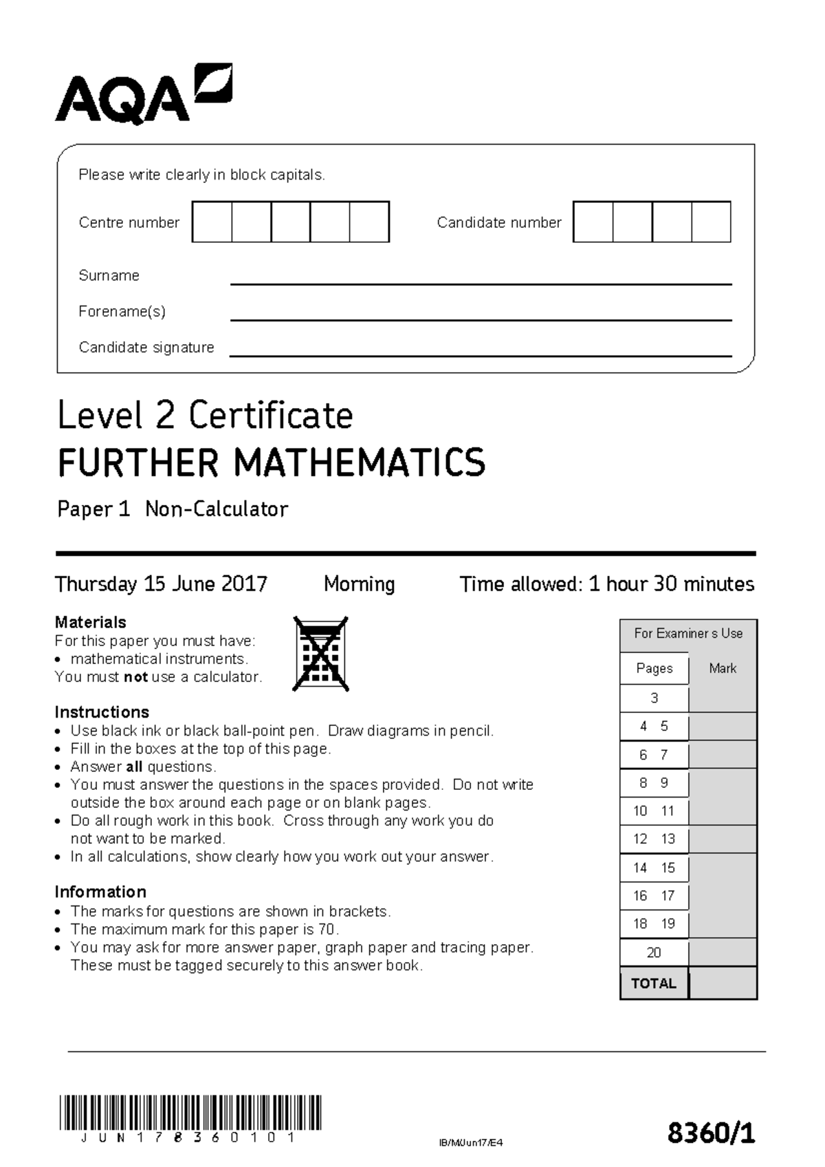 Level 2 Certificate Further Mathematics (FURTHER MATHS) Paper 1 - June ...
