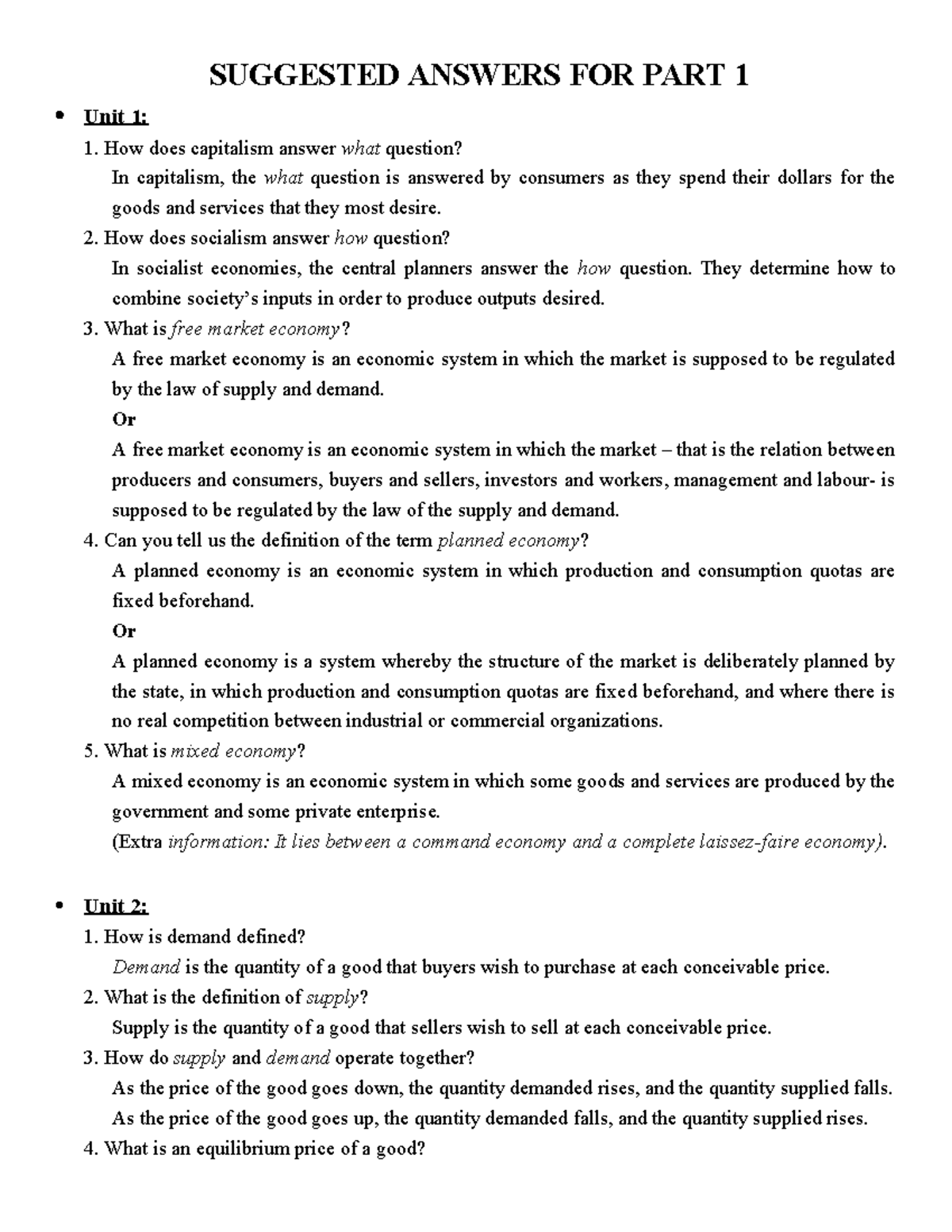 Suggested Answers for Part 1: Economics Concepts and Definitions - Studocu