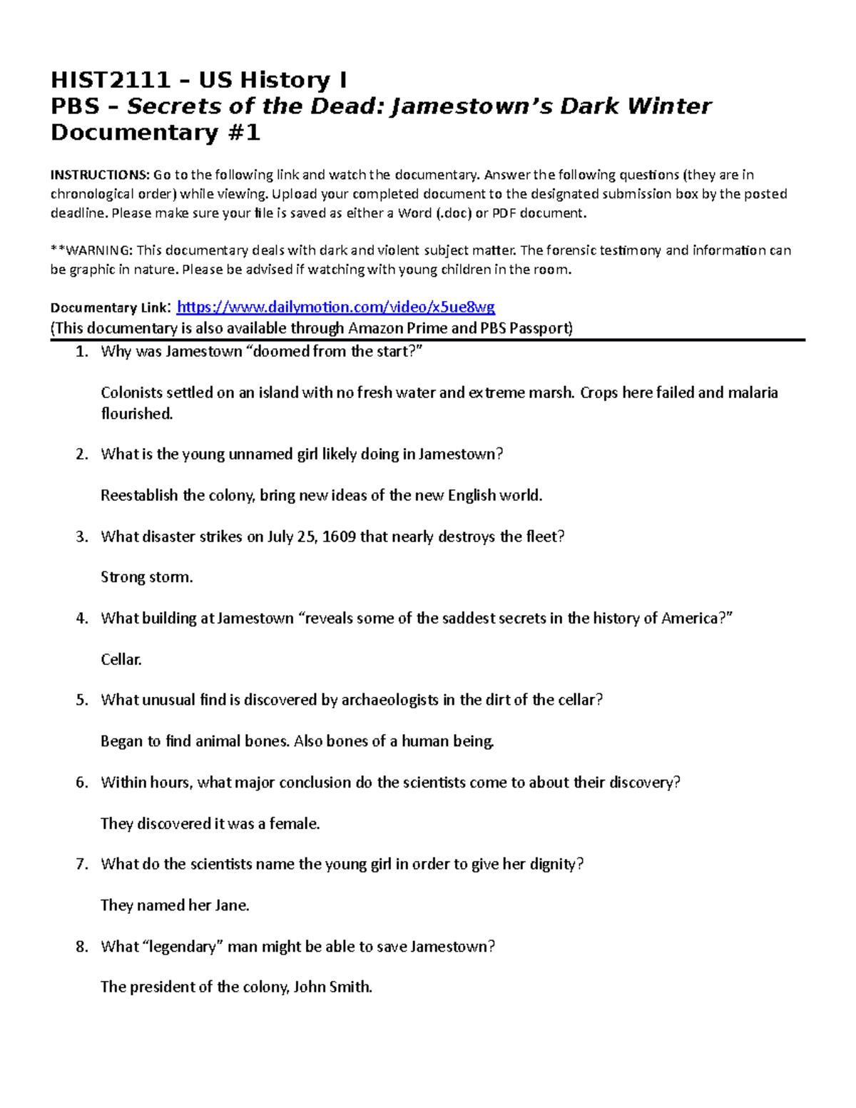 HIST2111 - PBS Documentary Notes: Secrets of Jamestown's Dark Winter ...