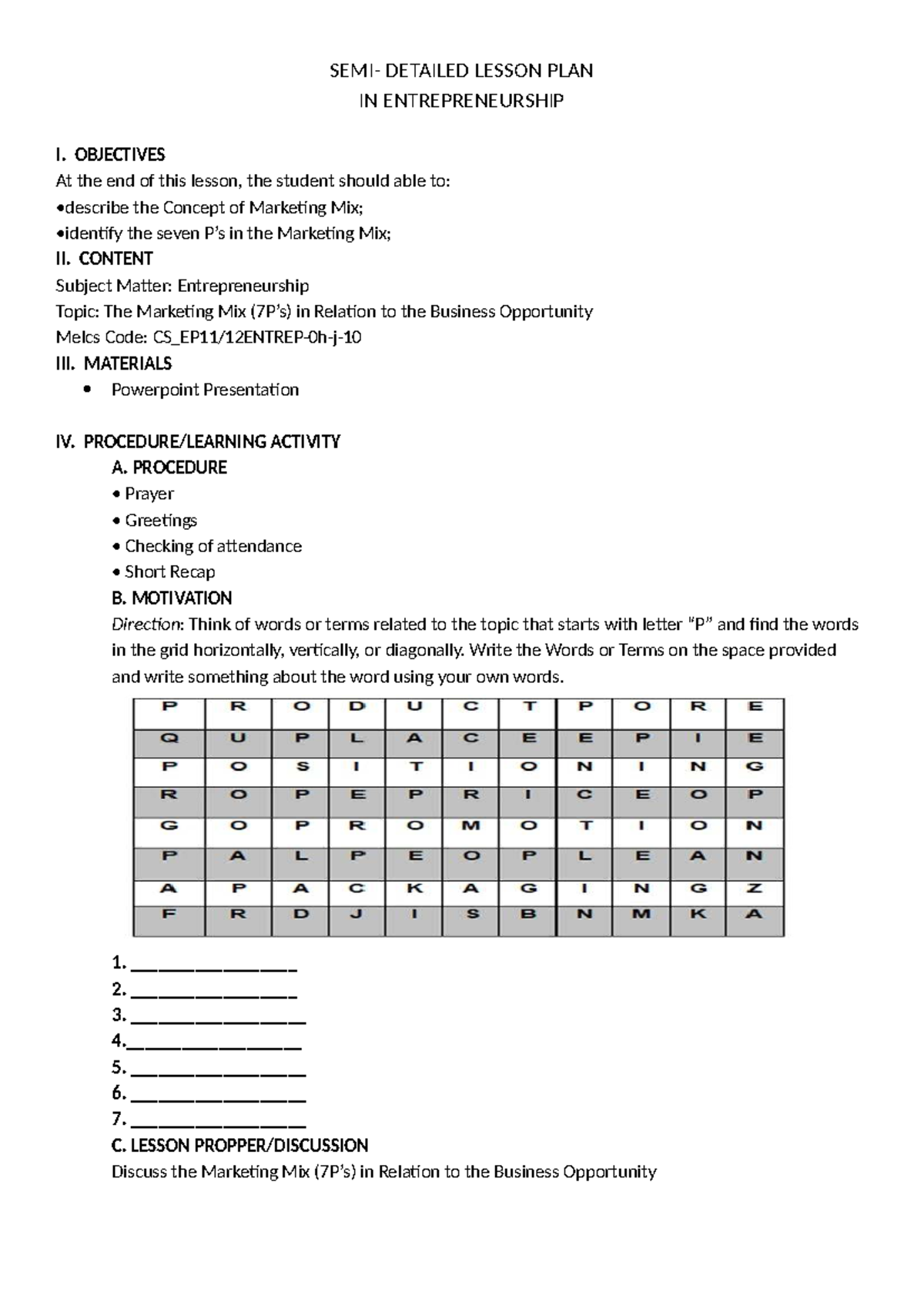 Q1 Module 5 Lesson Plan: Understanding the Marketing Mix in ...