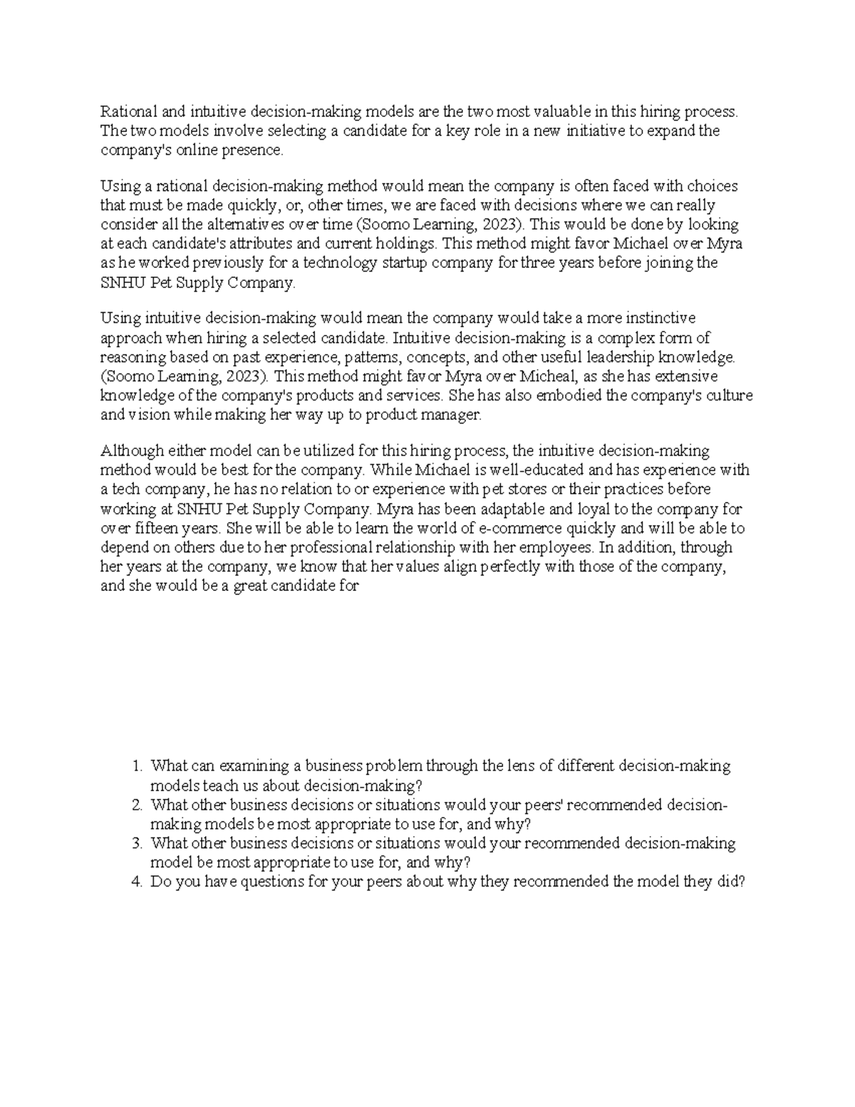 BUS 210 Module 7 Discussion Post: Decision-Making Models in Hiring ...